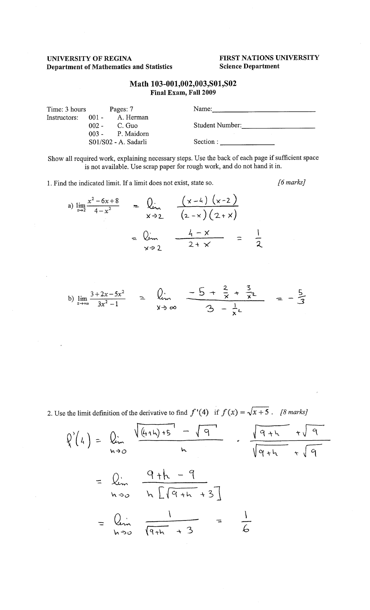 Sample/practice exam 2009, questions Sample 1 - MATH 103 - Studocu
