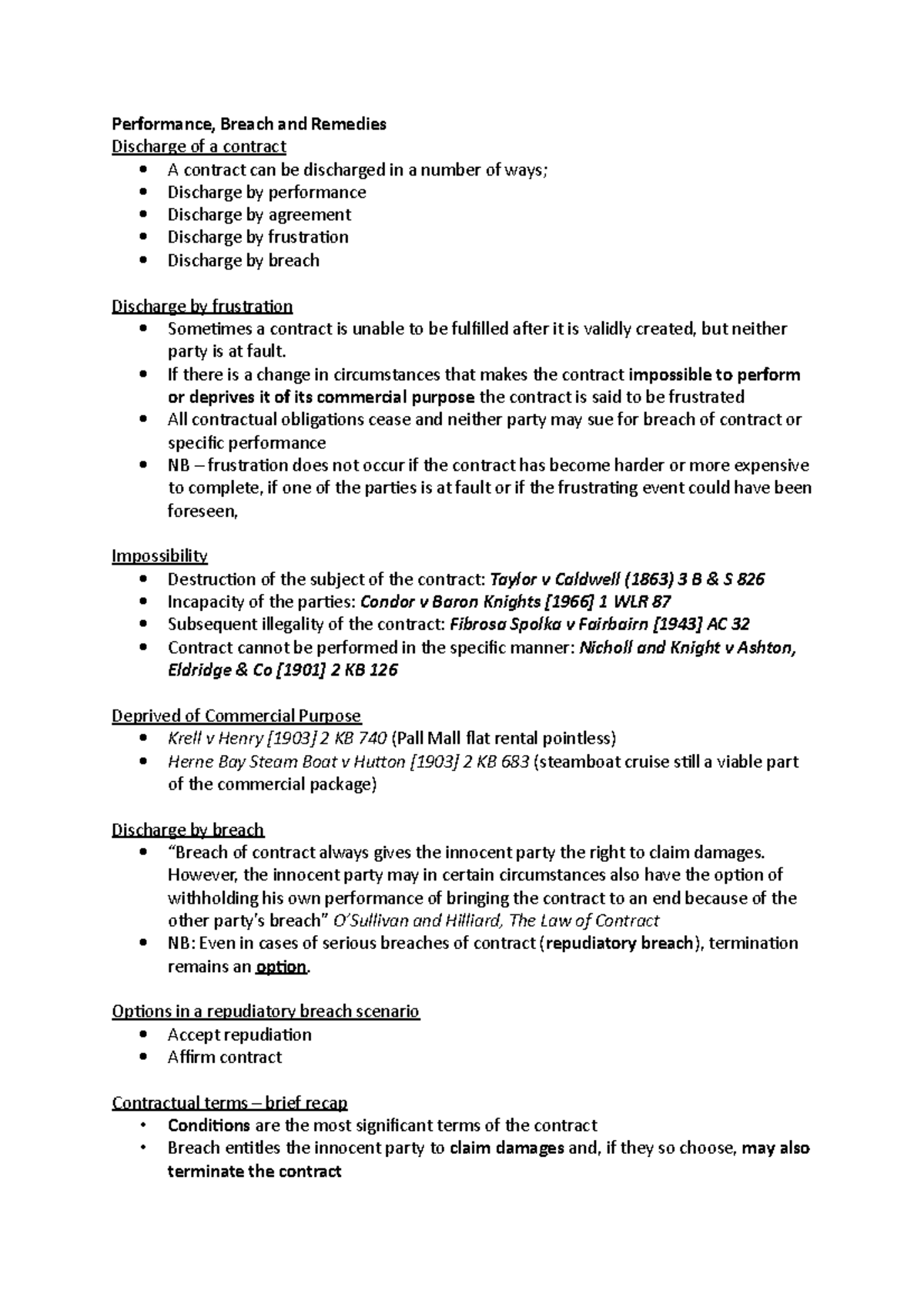 Performance, Breach and Remedies - Performance, Breach and Remedies Discharge of a contract A ...