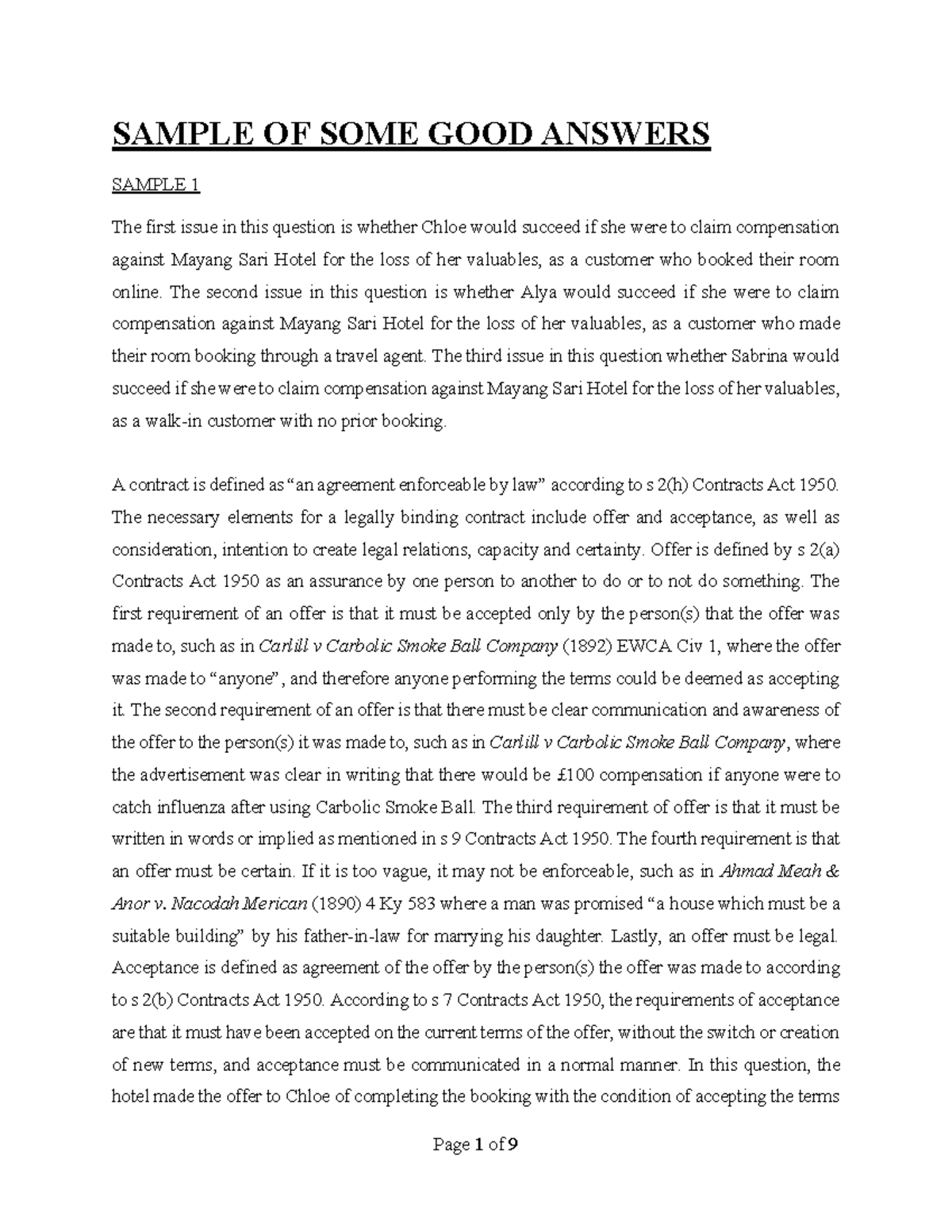 Sample OF SOME GOOD Answers Business Law - SAMPLE OF SOME GOOD ANSWERS ...