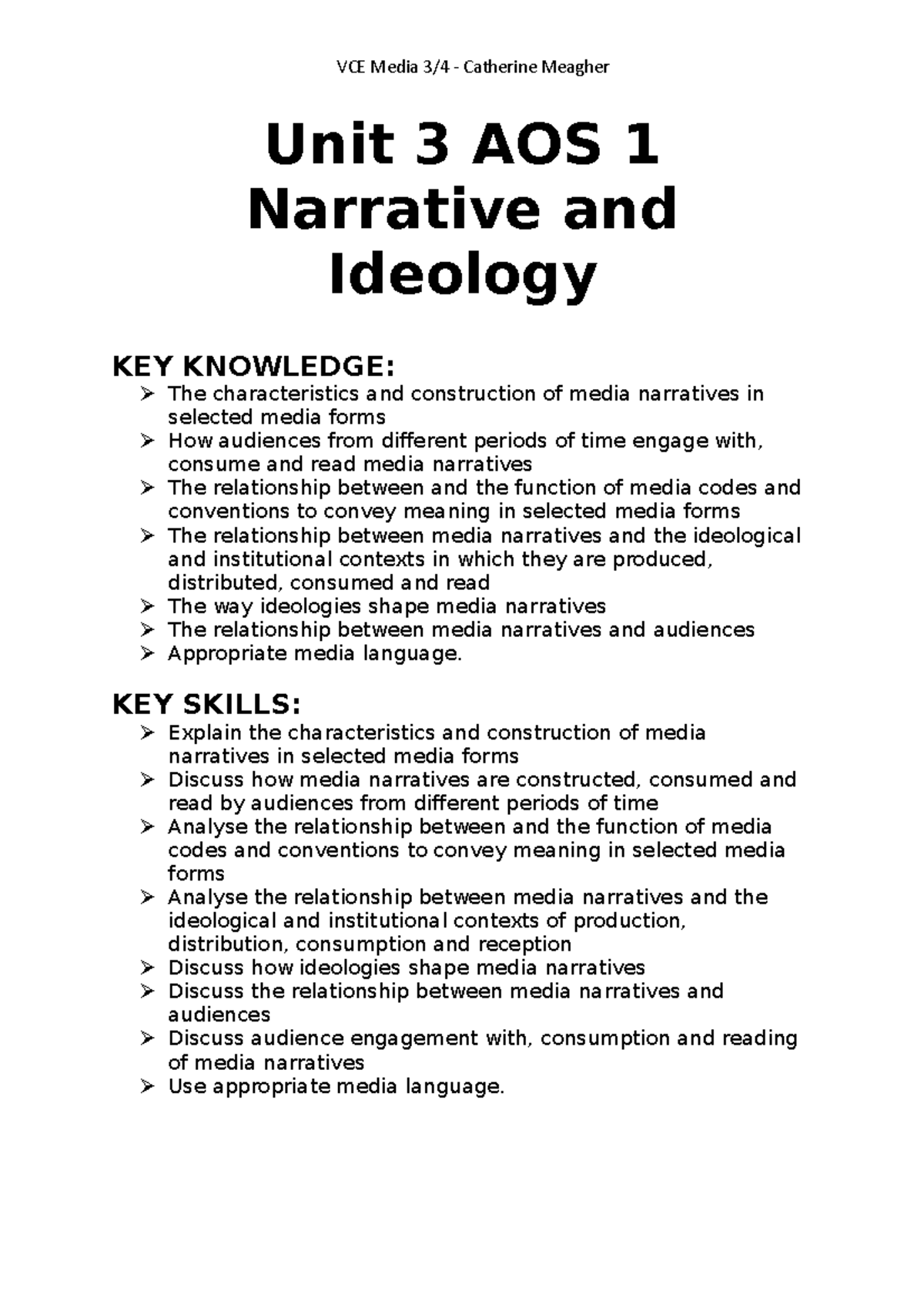 VCE Media Catherine Meagher Unit 3 AOS 1 Narrative and Ideology - Studocu