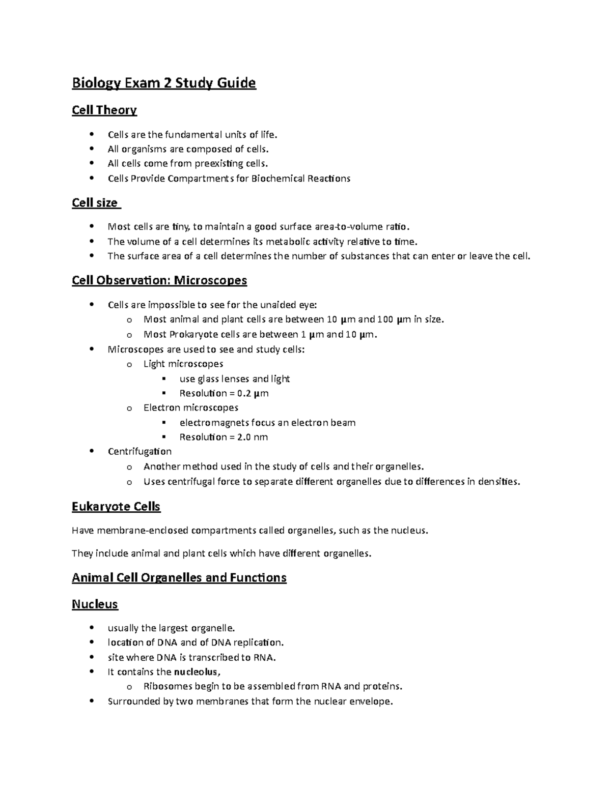 Biology 2 Studyguide - Biology Exam 2 Study Guide Cell Theory Cells are ...