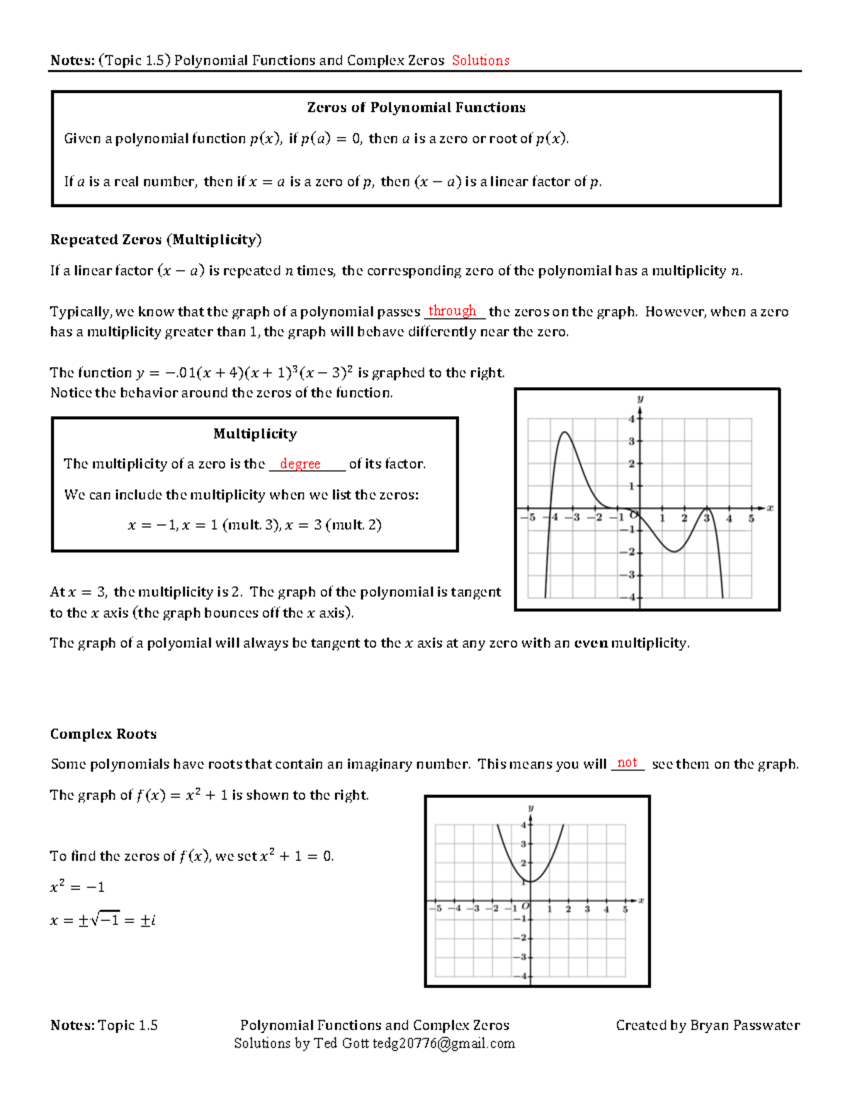 Notes Key Topic 15 Polynomial Functions And Complex Zeros Ap Pc