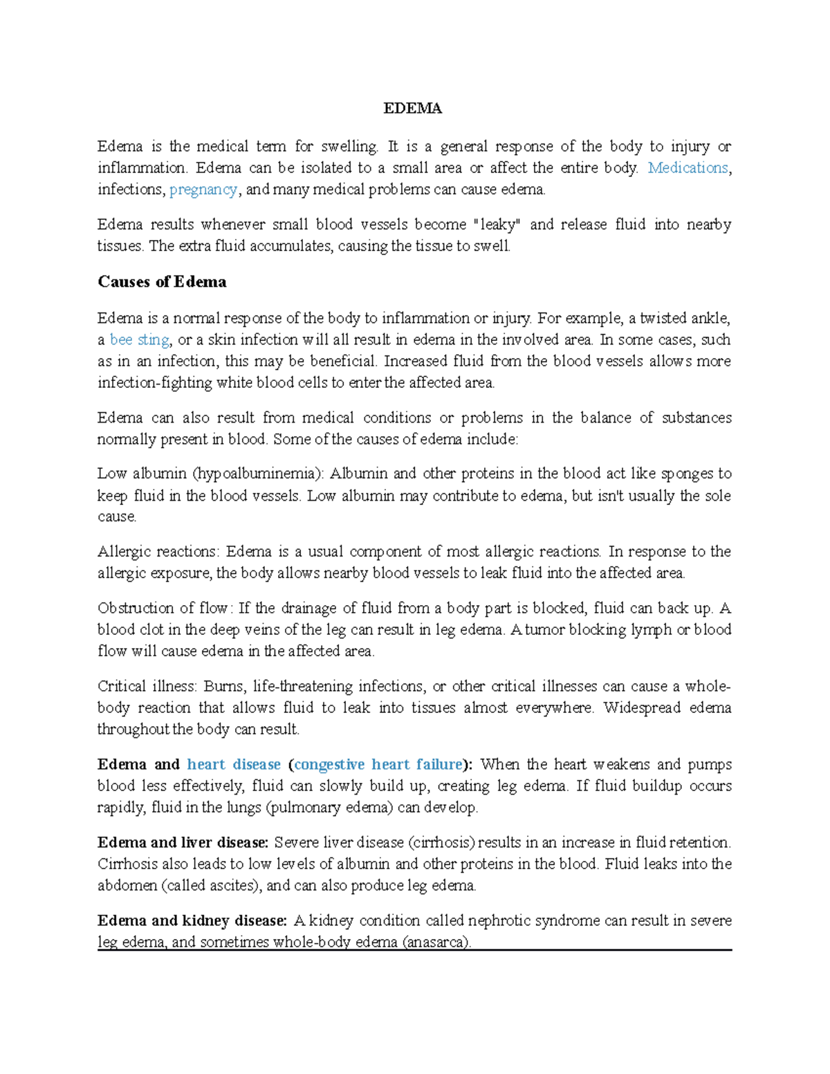 Edema - Lecture notes 1 - EDEMA Edema is the medical term for swelling ...