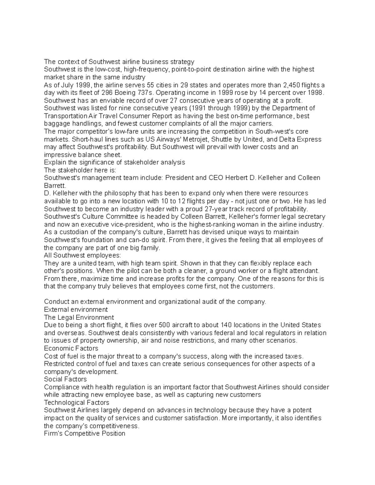 SWOT SW Airline - Example case for subject - The context of Southwest ...