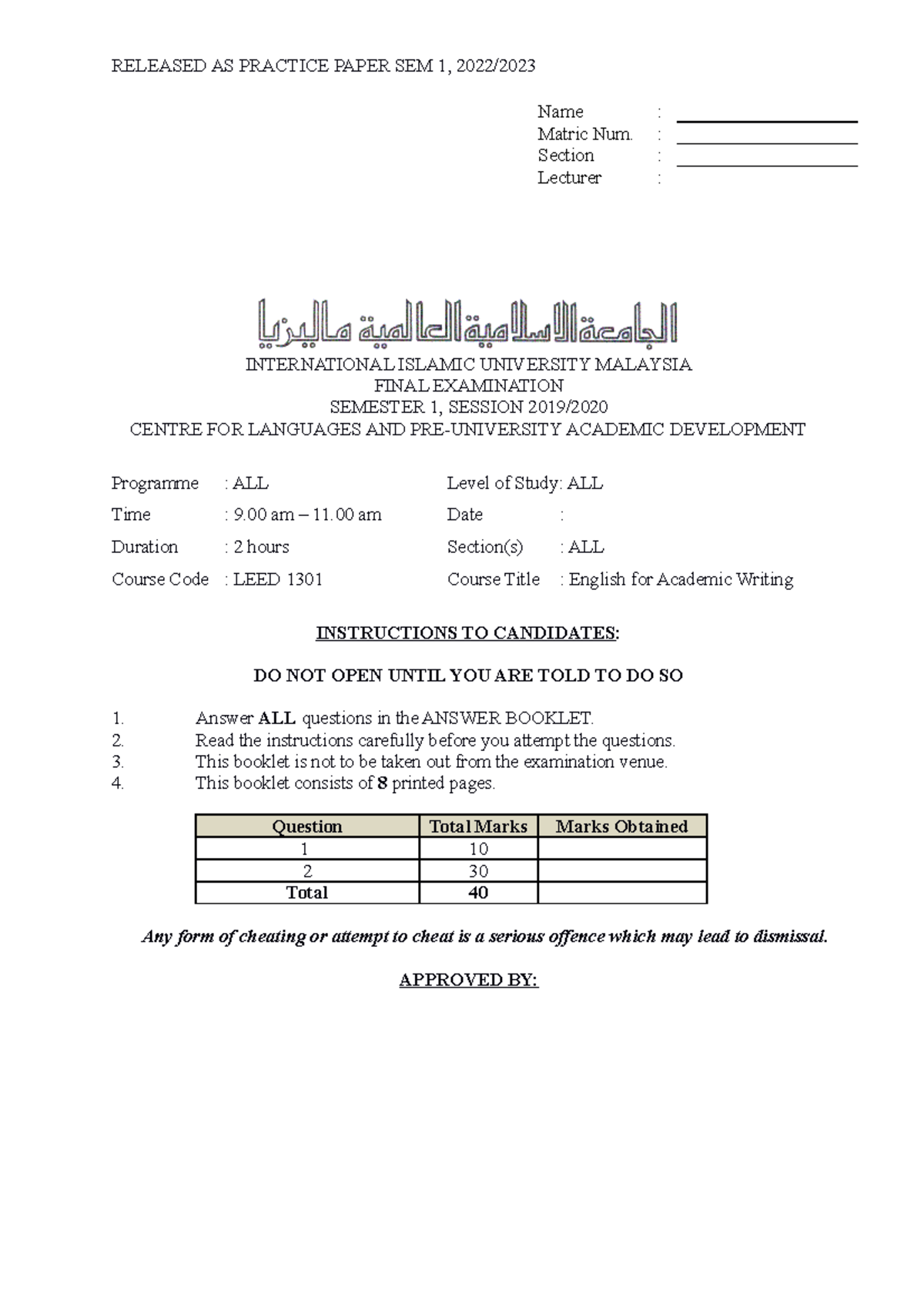 FE Question Paper ( Released AS Practice Paper 20222023) - RELEASED AS ...