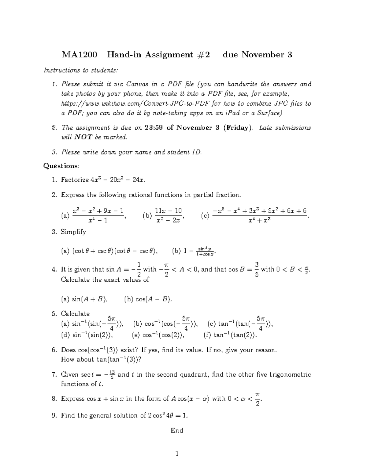 ma Assignment-2 - MA1200 Hand-in Assignment #2 due November 3 ...