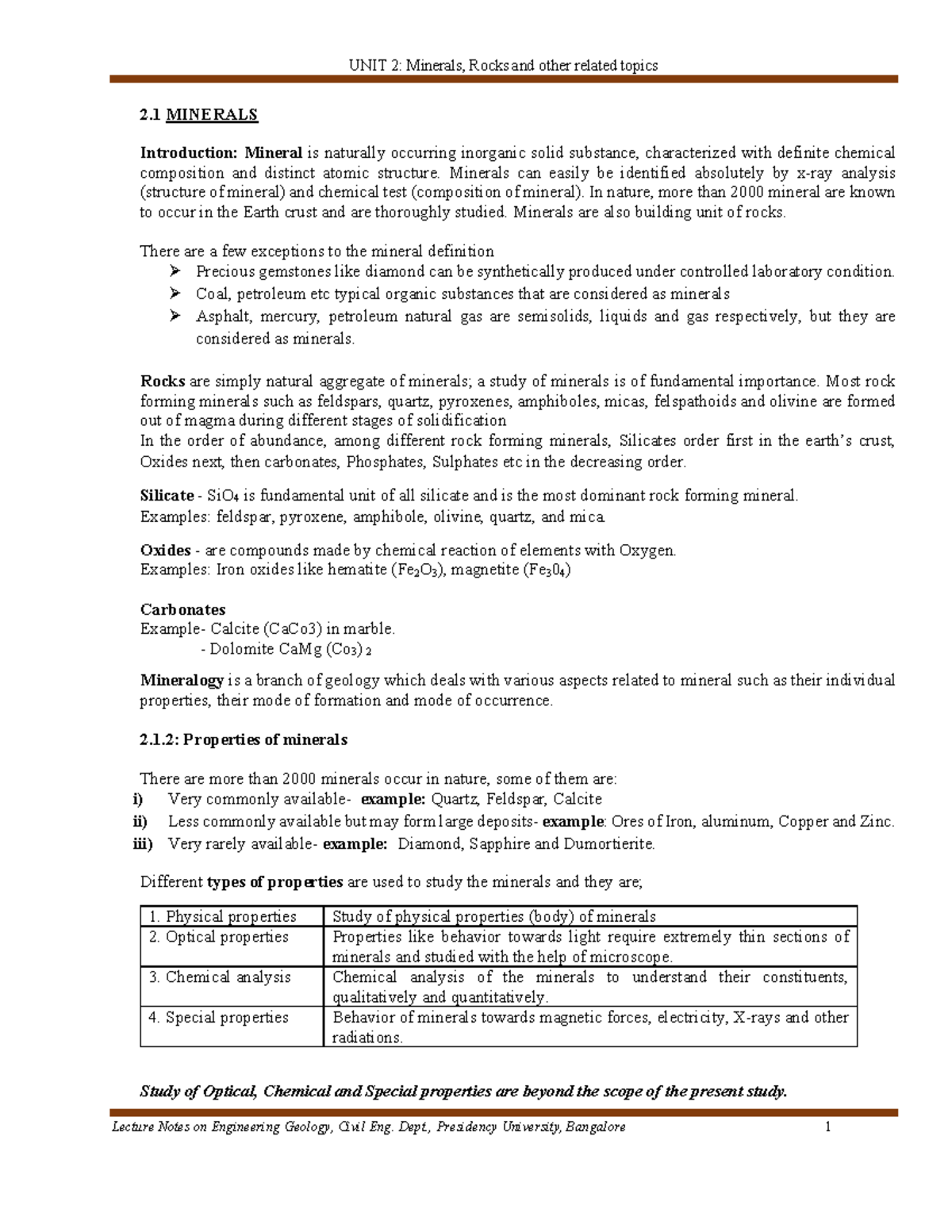 Unit 2 Rocks AND Minerals - 2 MINERALS Introduction: Mineral is ...