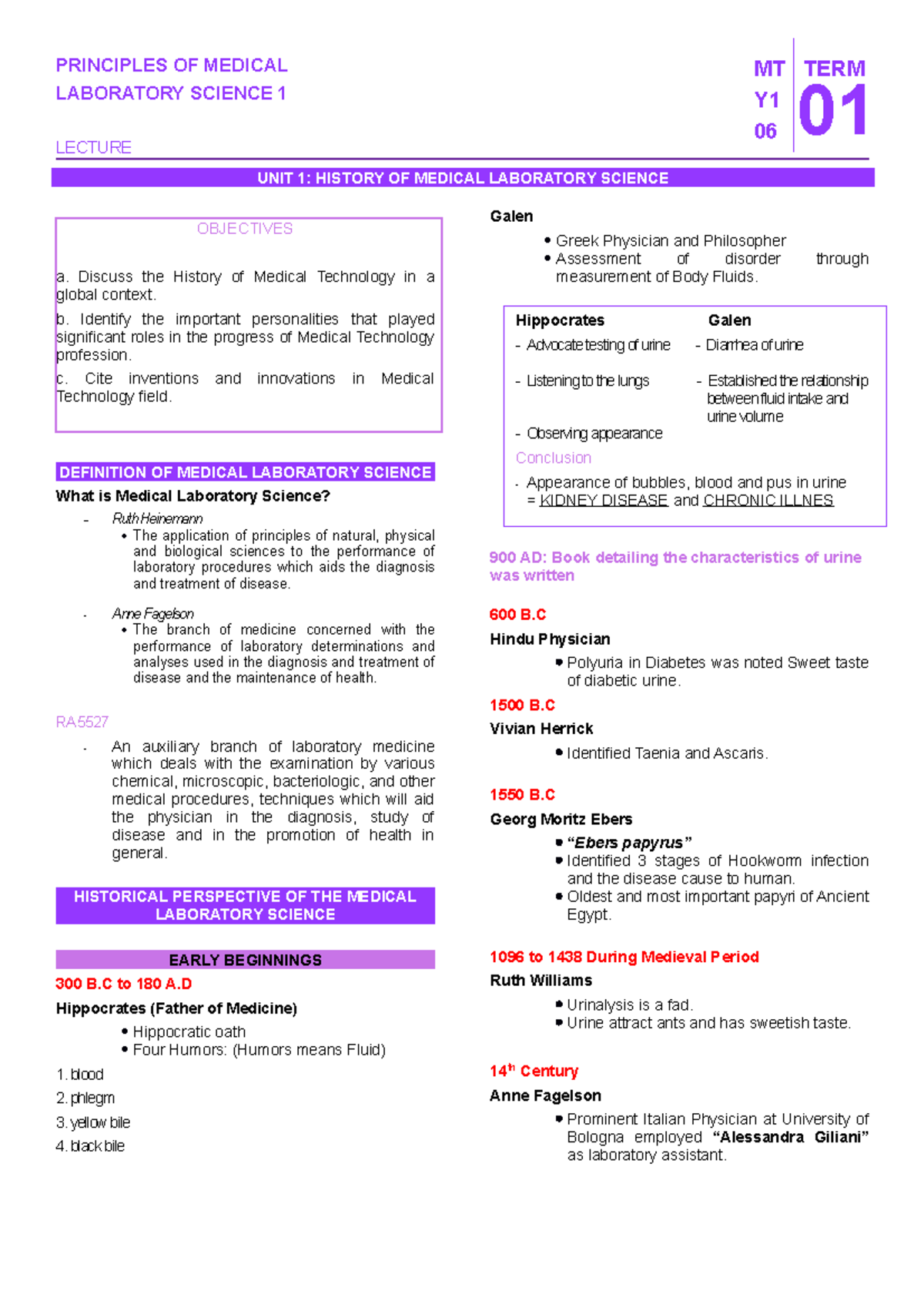 Bsmls—WEEK1- Trans - LABORATORY SCIENCE 1 LECTURE OBJECTIVES a. Discuss ...