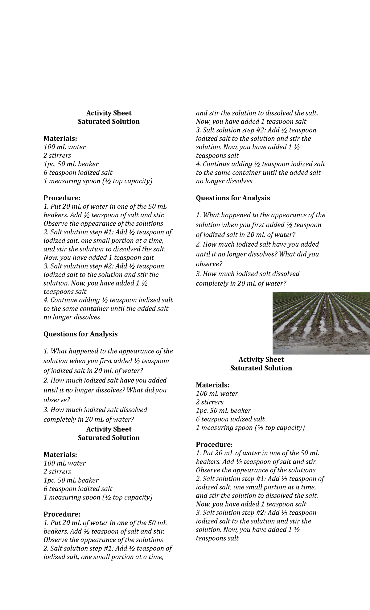 Activity Sheet - none - Activity Sheet Saturated Solution Materials ...