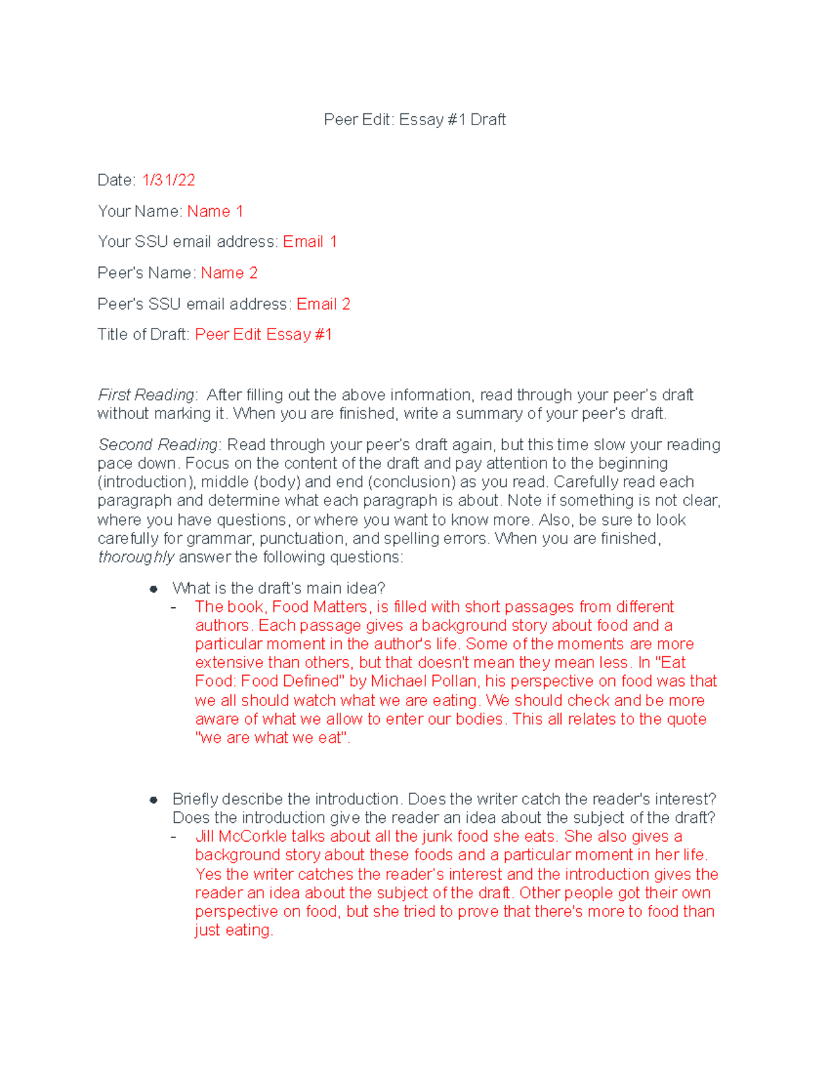 Peer Edit Essay #1 Review - ENL 110 - Peer Edit: Essay #1 Draft Date: 1 ...