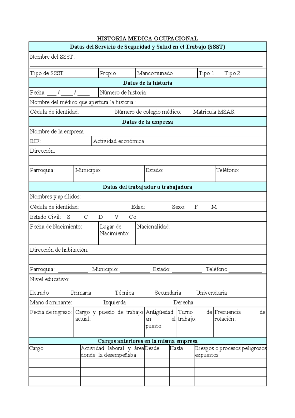 Historia medica ocupacional SSST - HISTORIA MEDICA OCUPACIONAL Datos ...