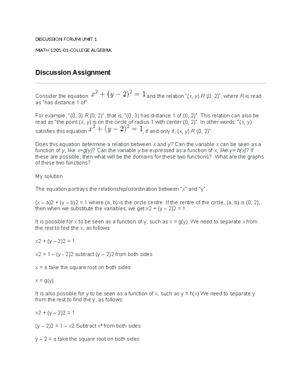 Discussion Forum UNIT 1 - DISCUSSION FORUM UNIT 1 MATH 1201-01-COLLEGE ...