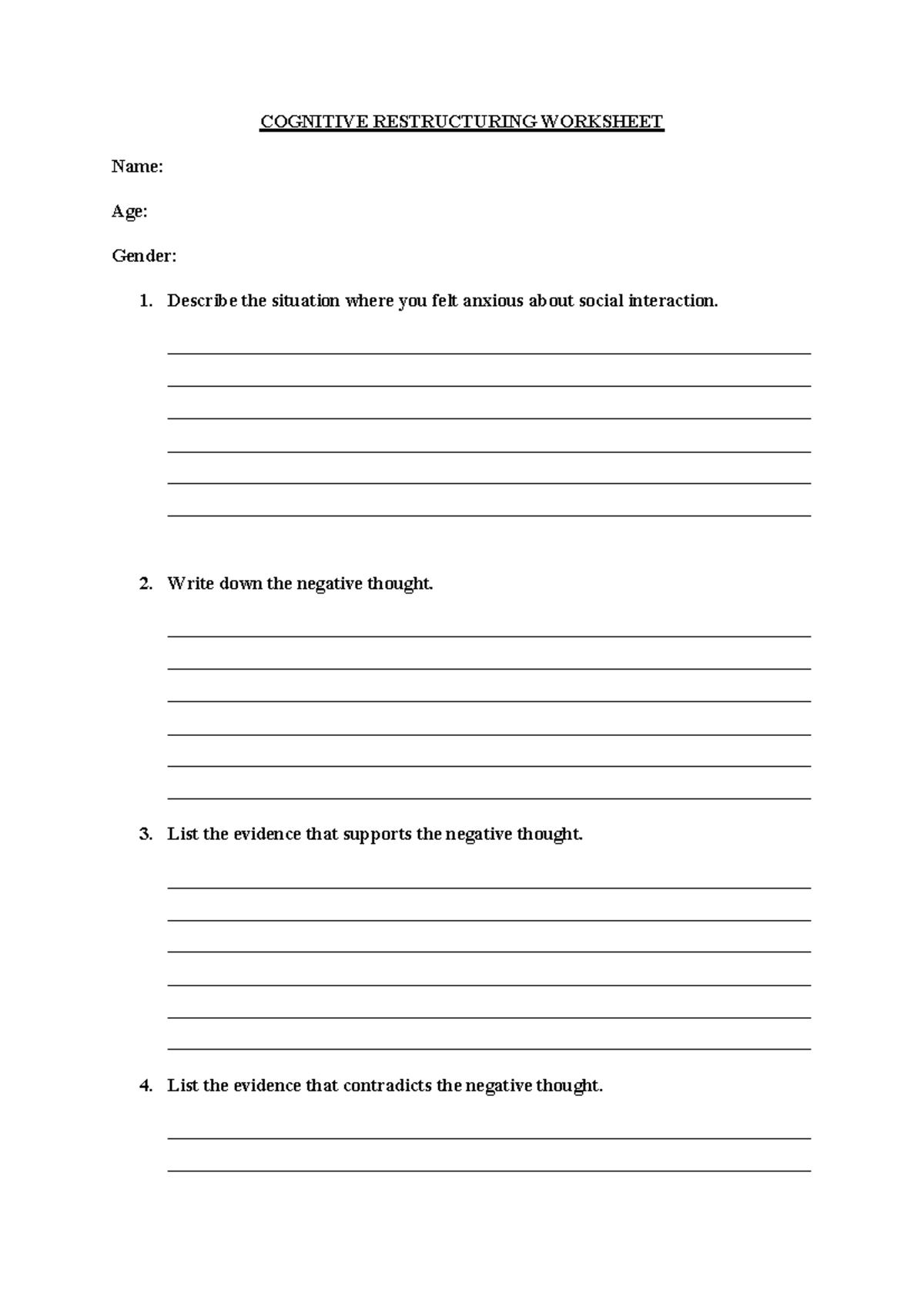 Cognitive Restructuring Worksheet - Clinical Psychology - COGNITIVE ...