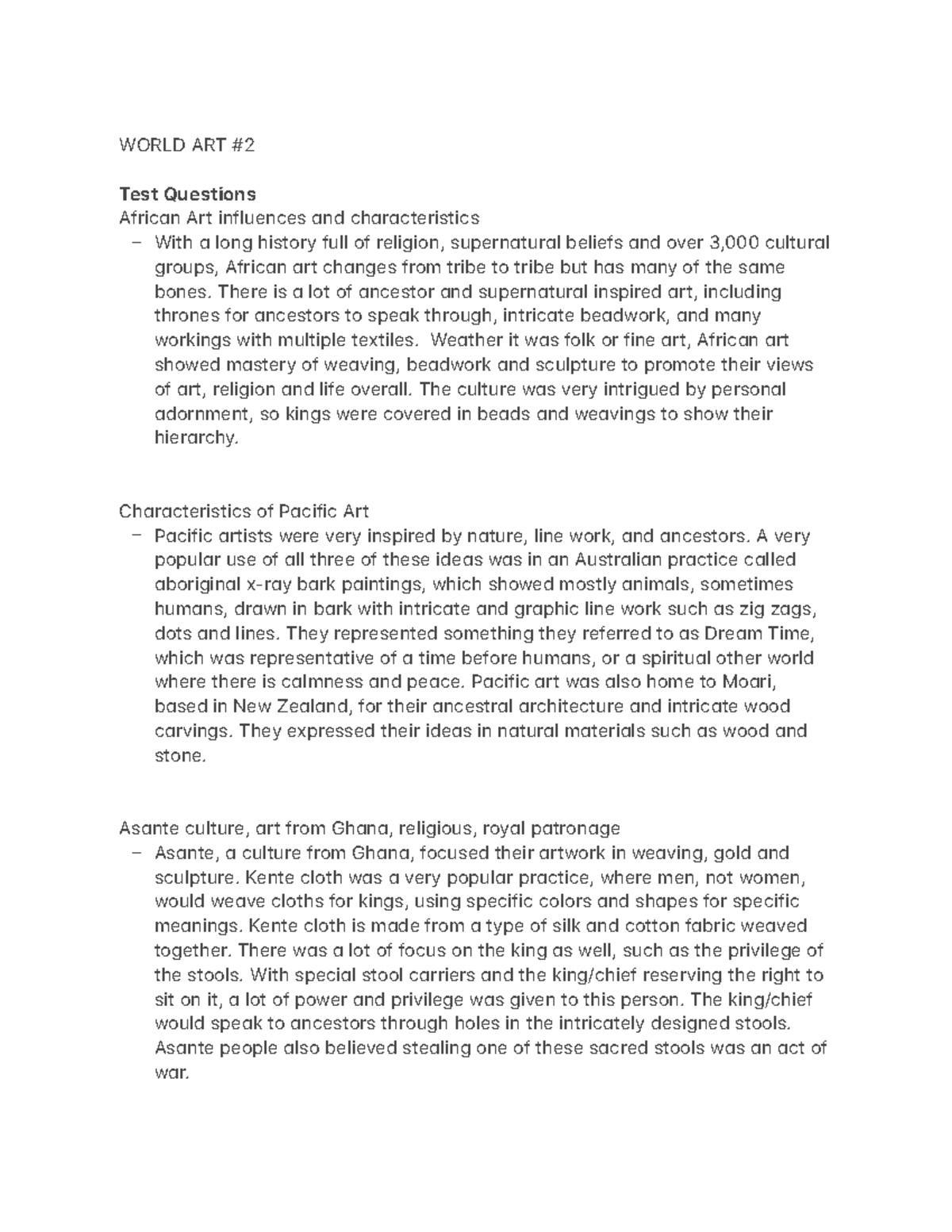 World ART #2 - Lecture notes 5-9 - WORLD ART #2 Test Questions Afric0n ...