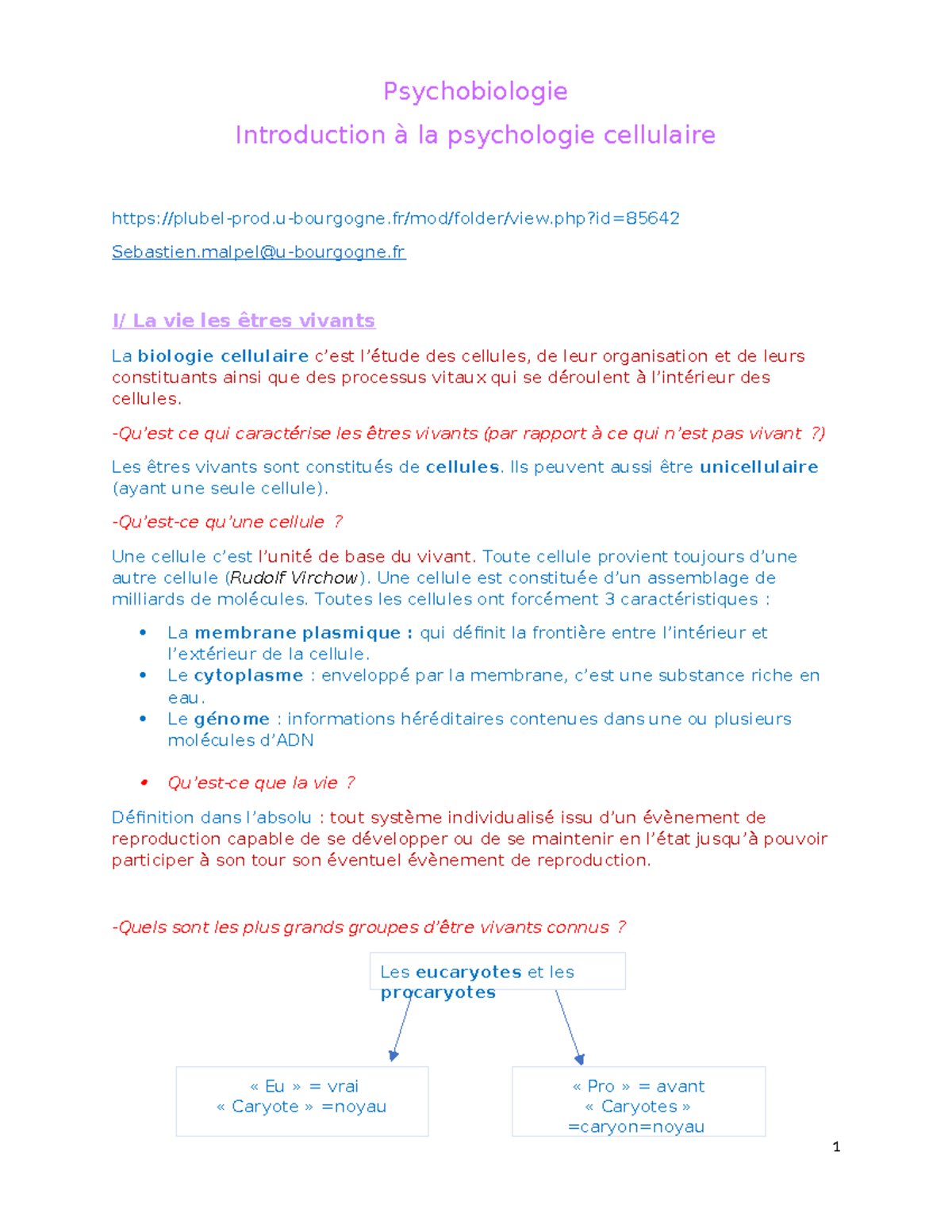 Psycho bio 2023-2024 - Psychobiologie Introduction à la psychologie ...