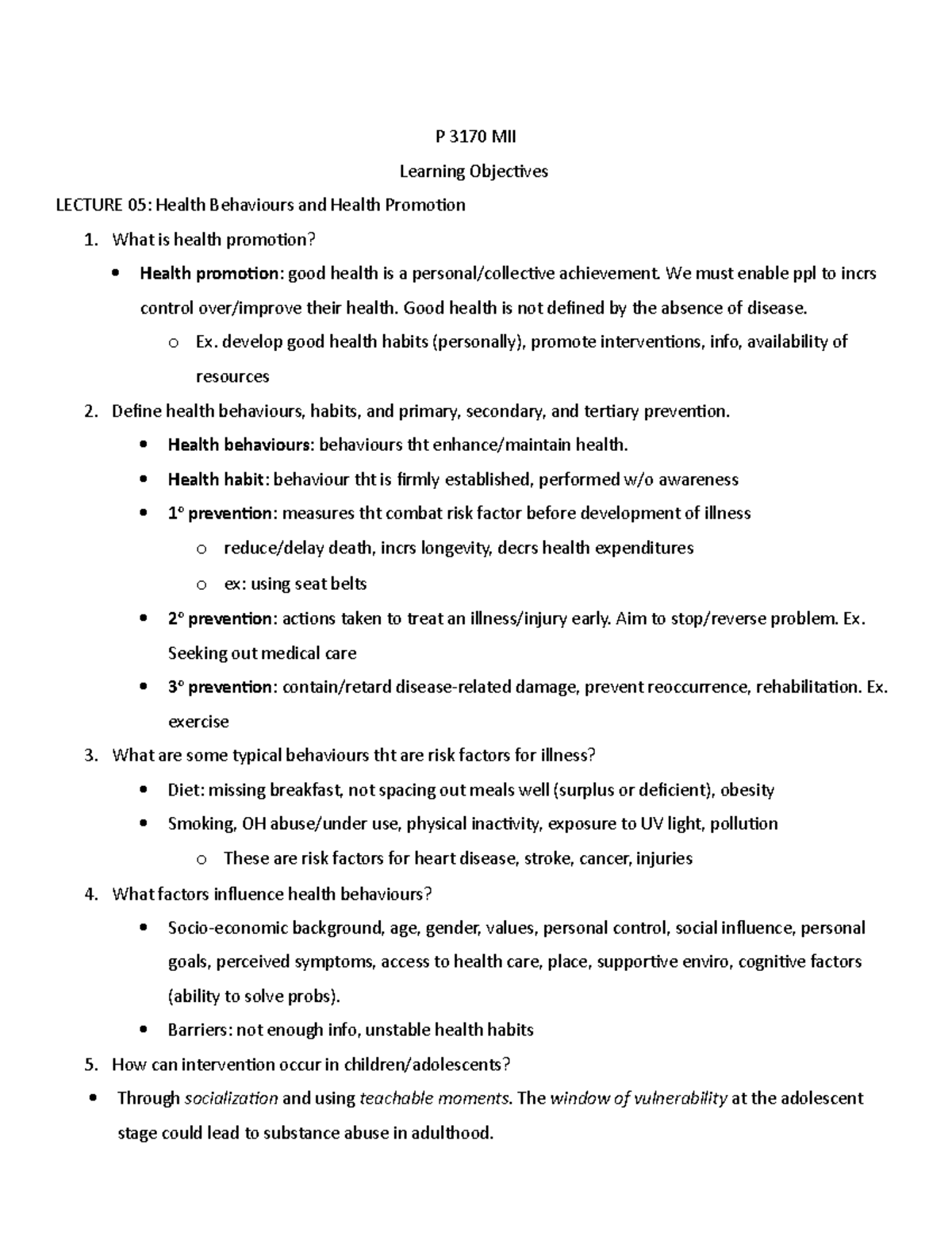 Midterm II Study Guide - P 3170 MII Learning Objectives LECTURE 05 ...