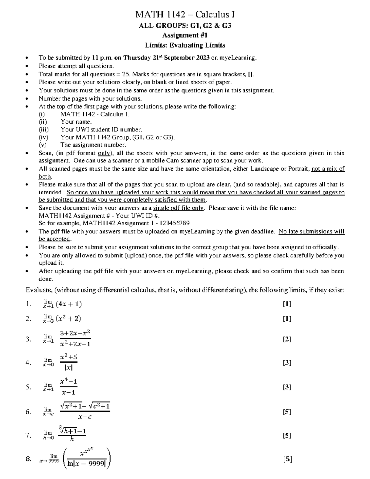 MATH 1142 - Assignment #1 - MATH 11 42 – Calculus I ALL GROUPS: G1, G2 ...