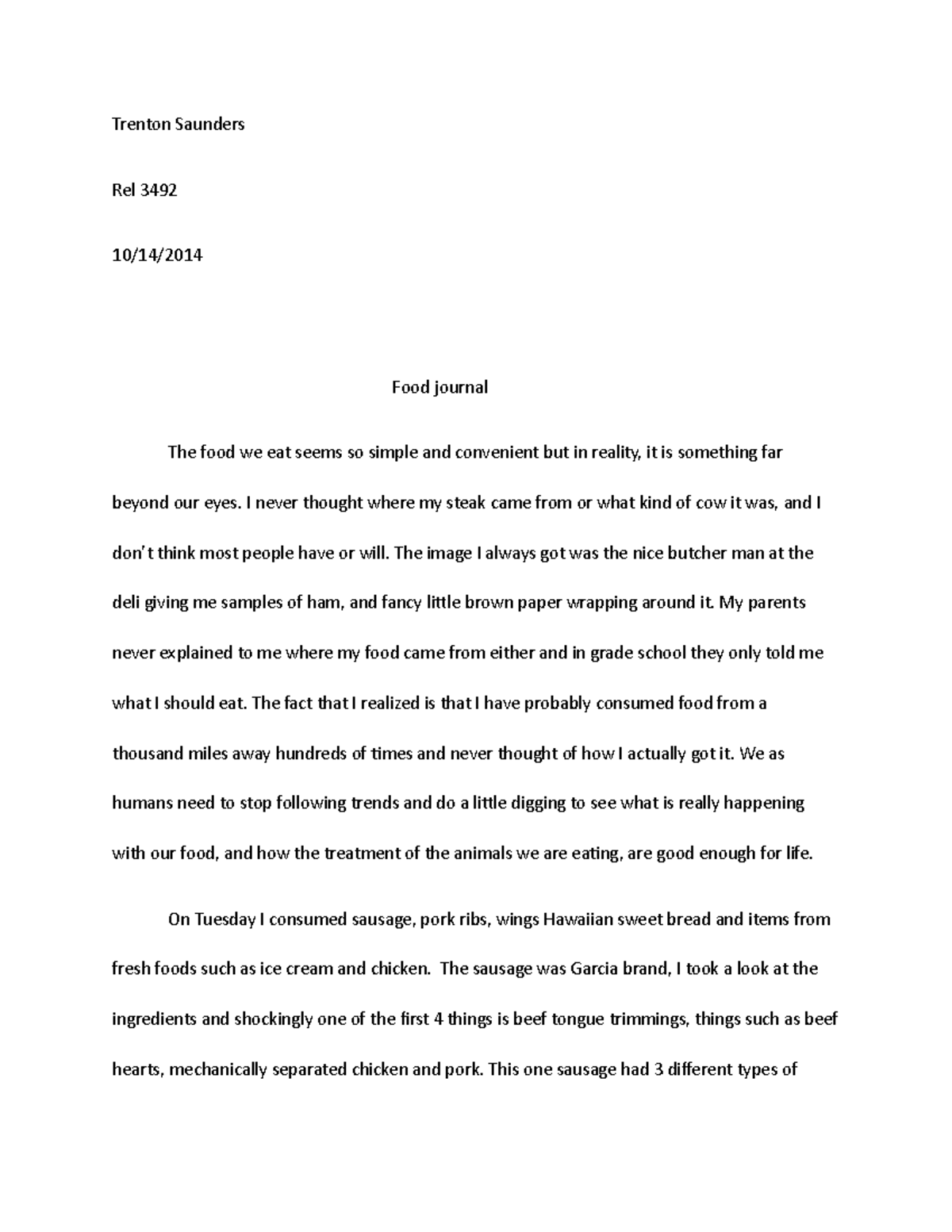 Food journal - assignment for class - Trenton Saunders Rel 3492 10/14 ...