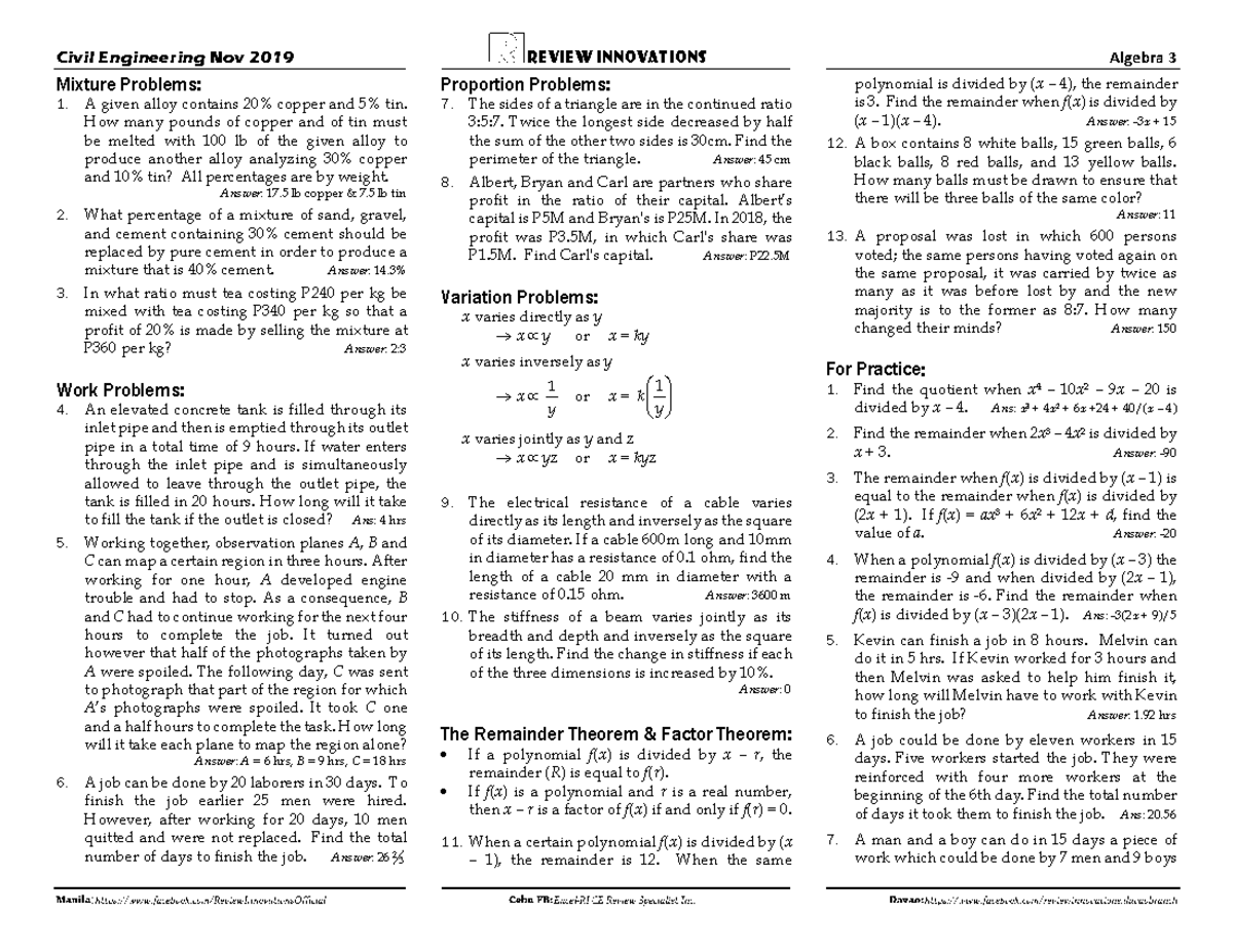 2019 Nov Algebra 3 - Basic Math by Bisavilla - Civil Engineering Nov ...
