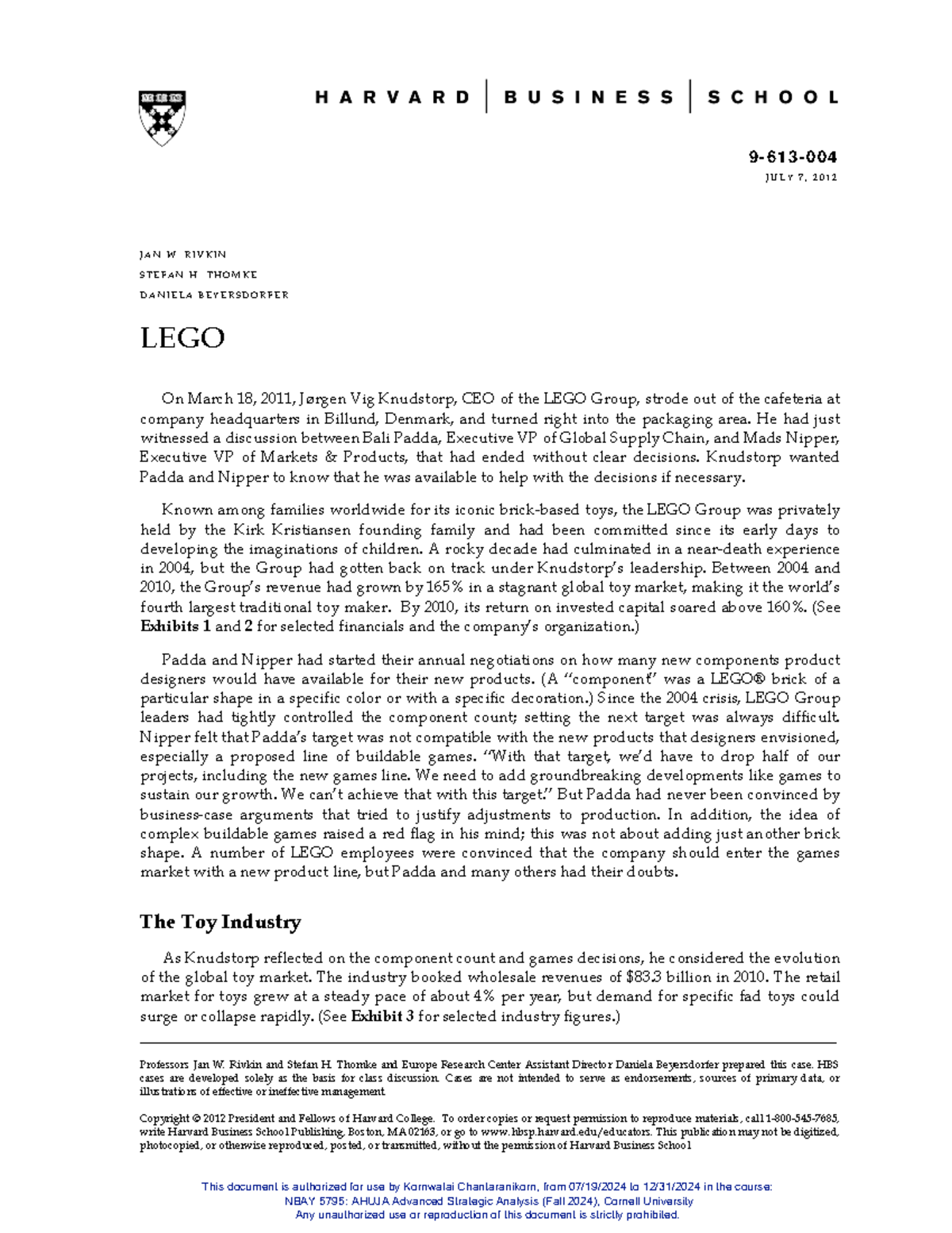 LEGO - Lego managerial dielema - 9 - 6 1 3 - 0 0 4 J U L Y 7 , 2 0 1 2 ...