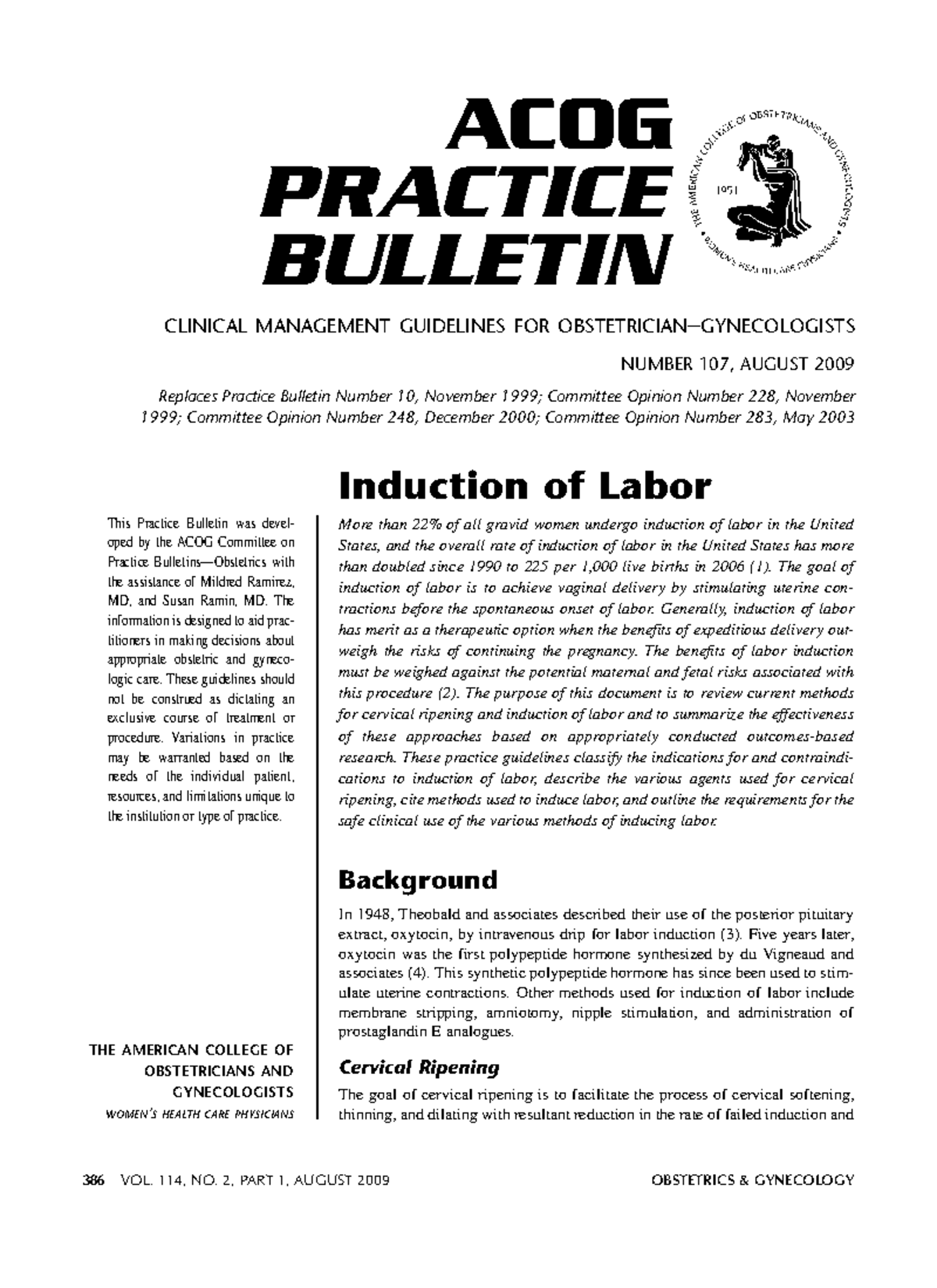 Acog practice bulletin no 107 induction of labor 2009 - 386 VOL. 114 ...