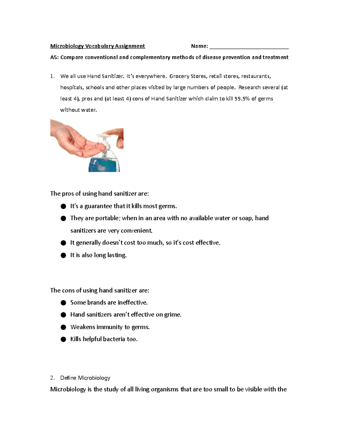 4 Microbio Vocabulary Assig - Microbiology Vocabulary Assignment Name