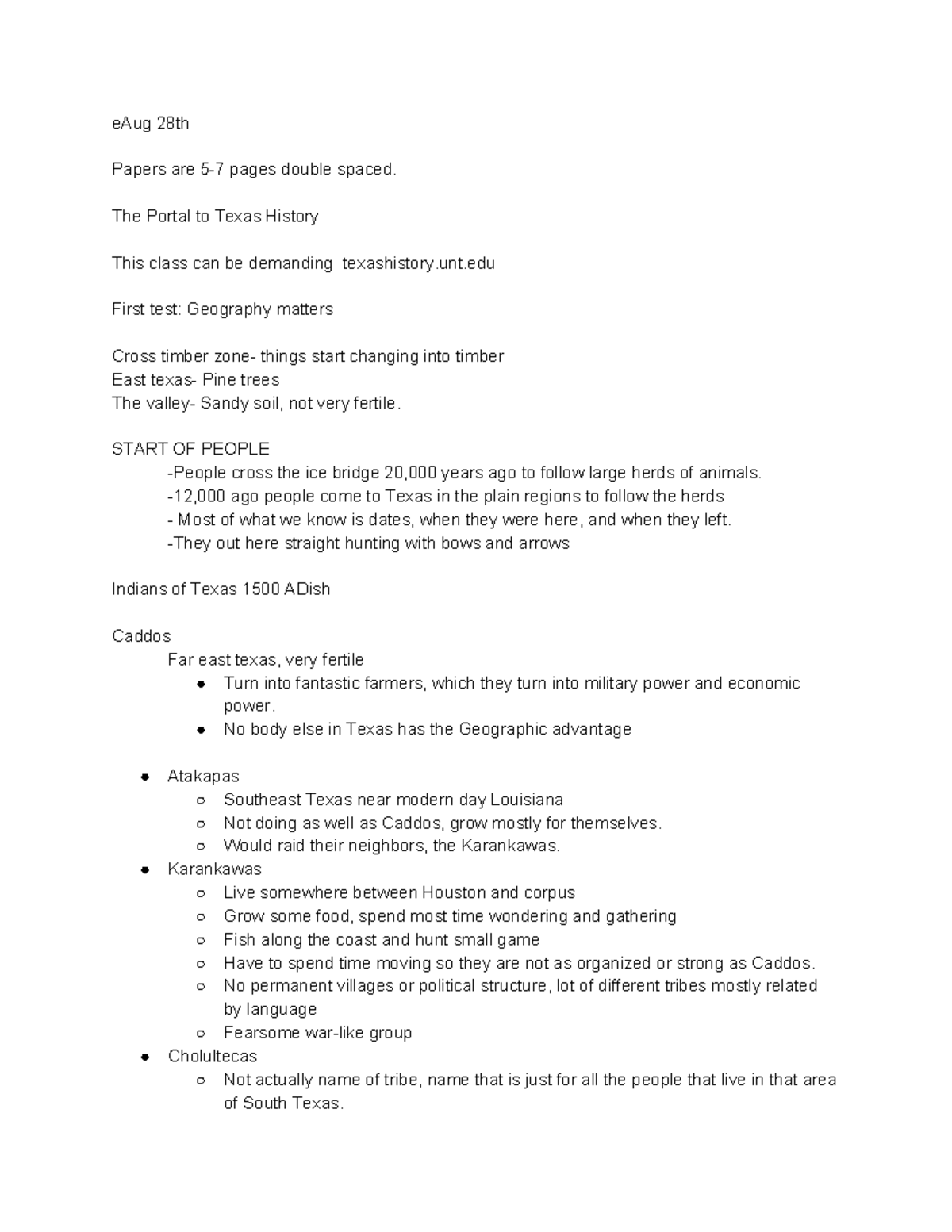 Texas History - Full lecture notes - eAug 28th Papers are 5-7 pages ...