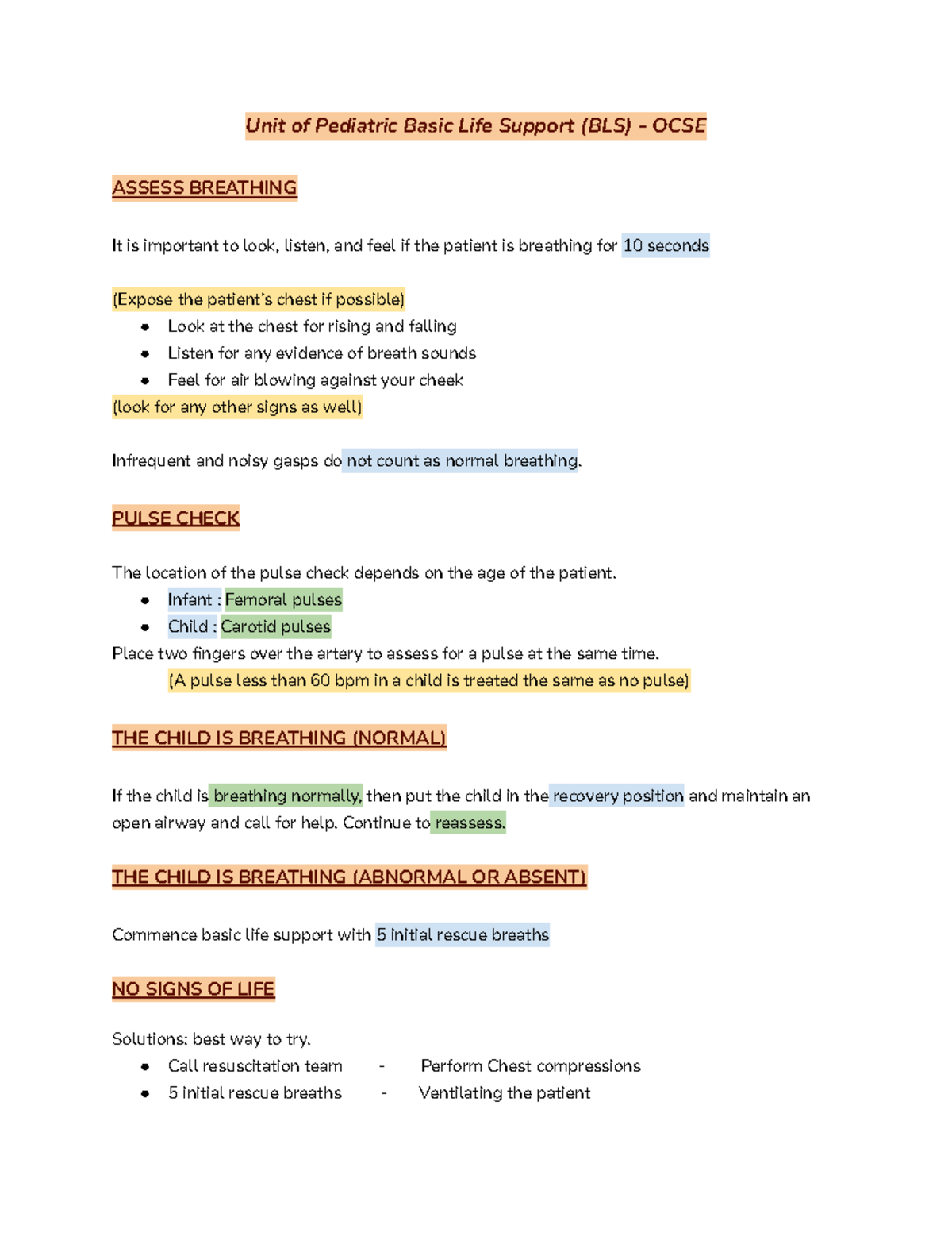 Unit of Pediatric Basic Life Support (BLS) - OCSE - PULSE CHECK The ...