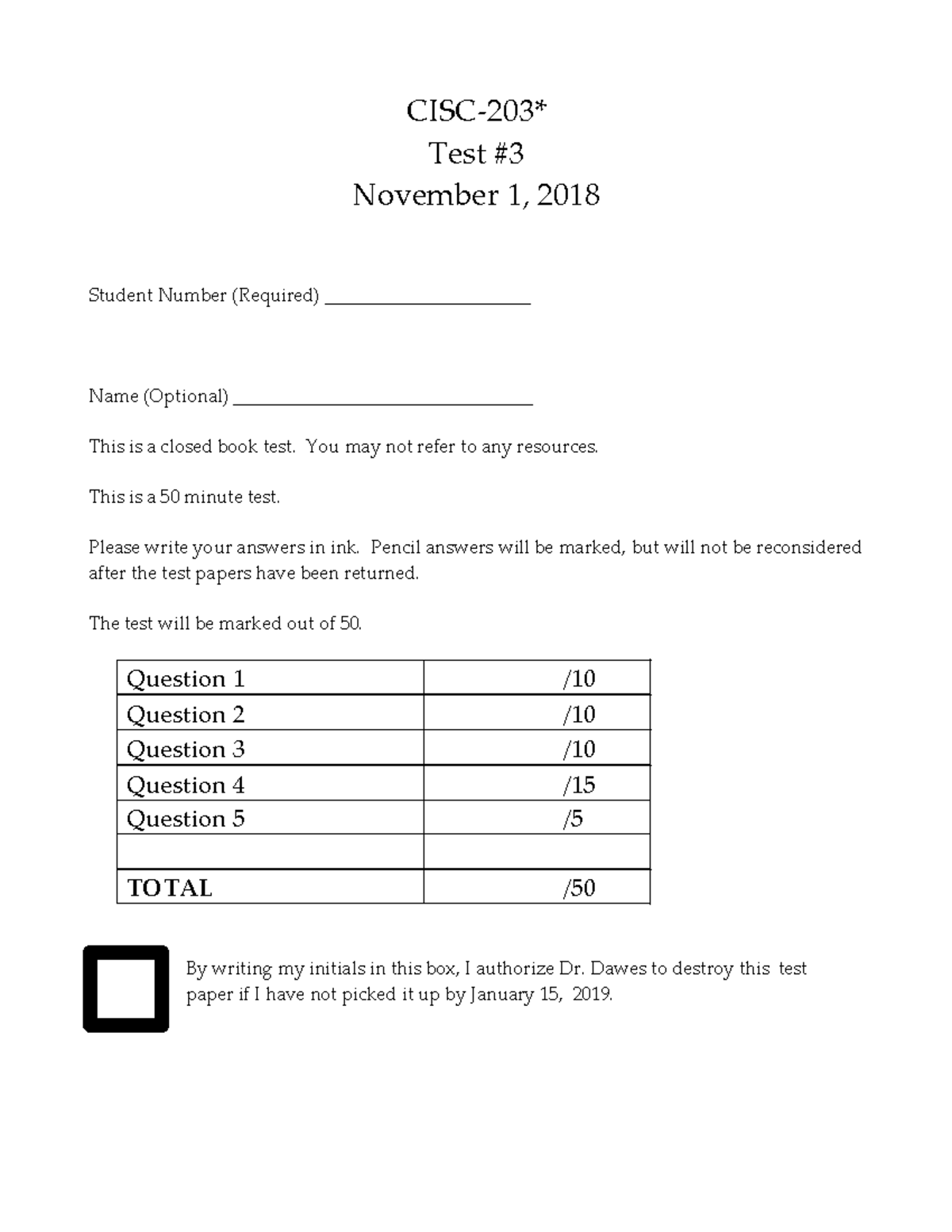 CISC-203 2018 F Test 3 - as sample Test 2 - CISC-203* Test November 1 ...