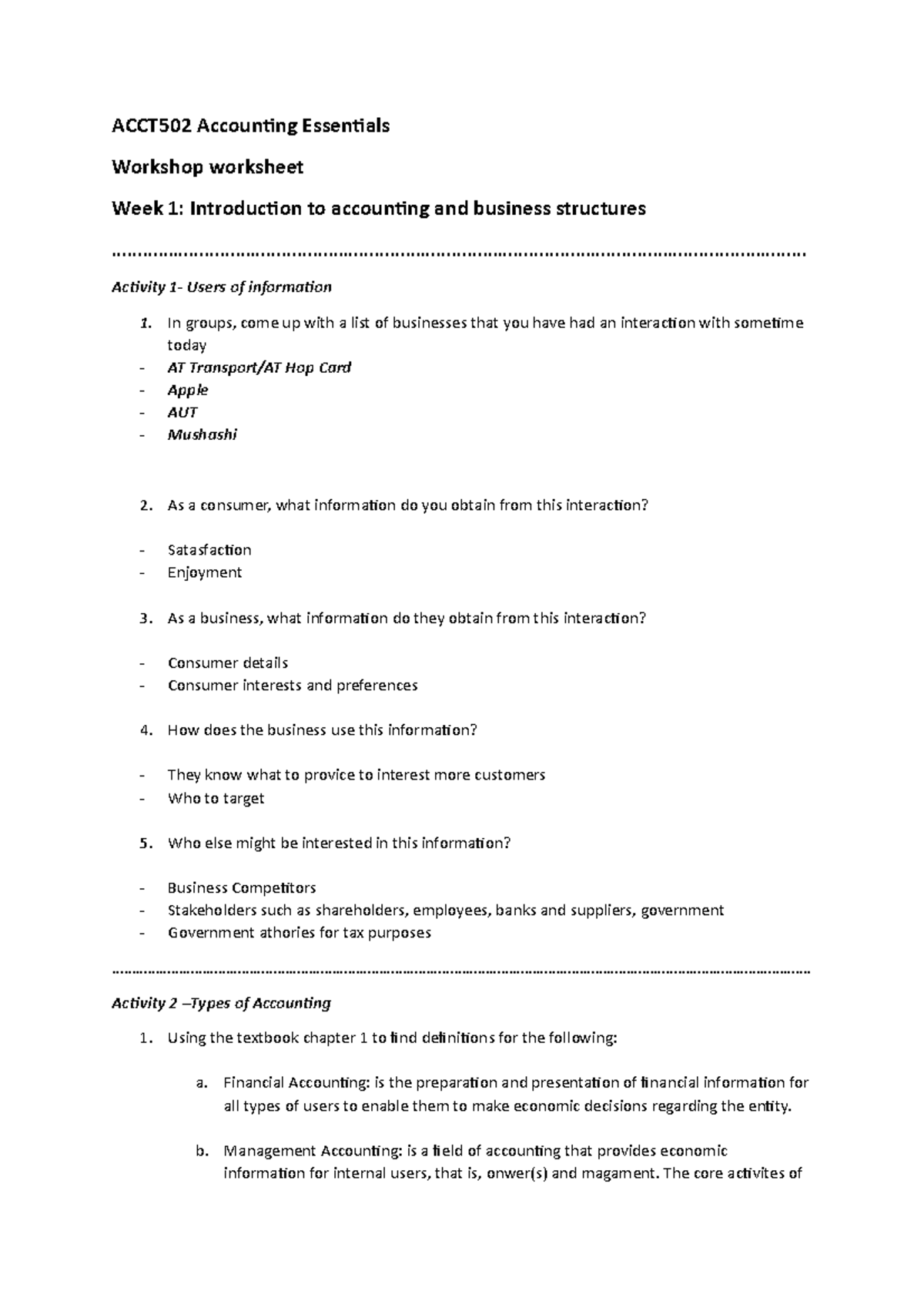 Week 1 Workshop Worksheet - ACCT502 Accounting Essentials Workshop ...