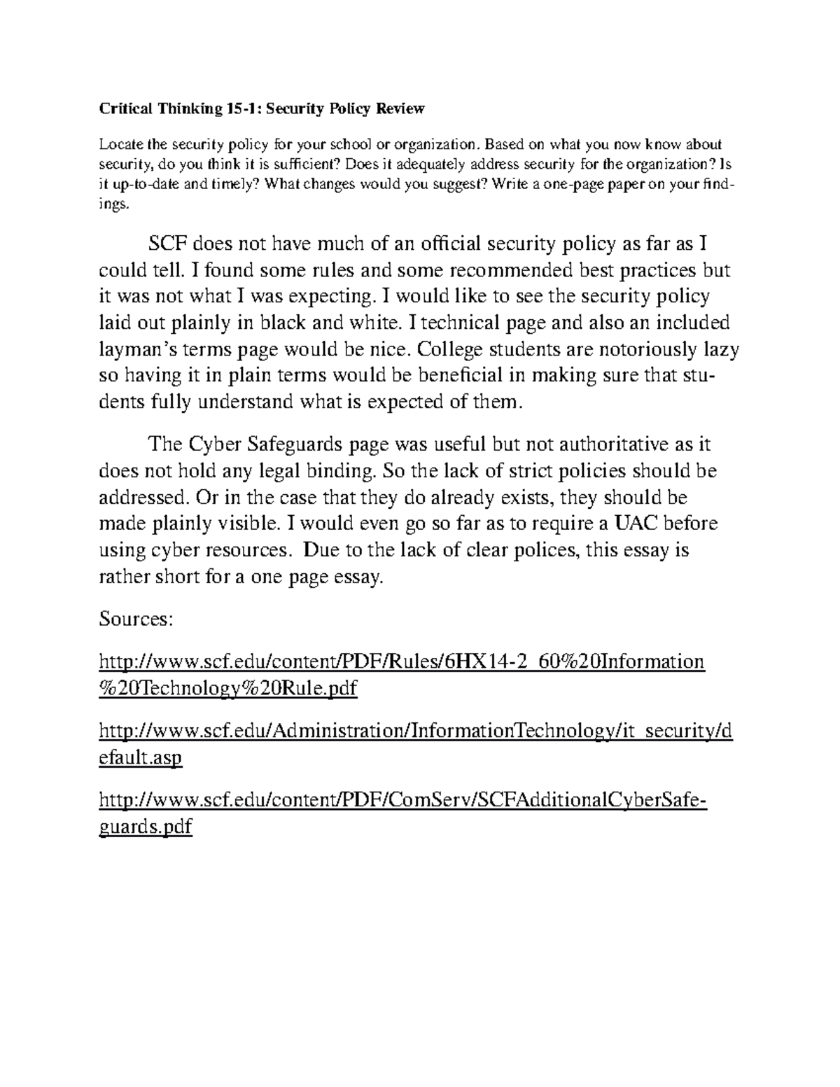 Critical Thinking Assignment 15-1 - Critical Thinking 15-1: Security ...