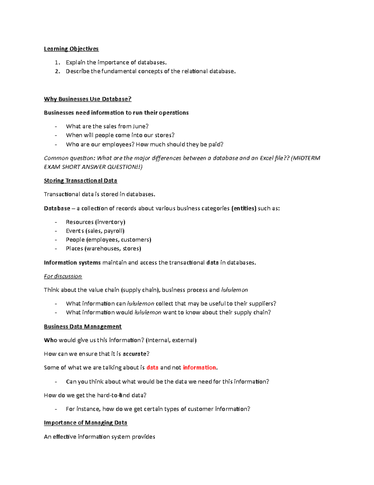 Database - Lecture notes 2 - Learning Objectives 1. Explain the ...