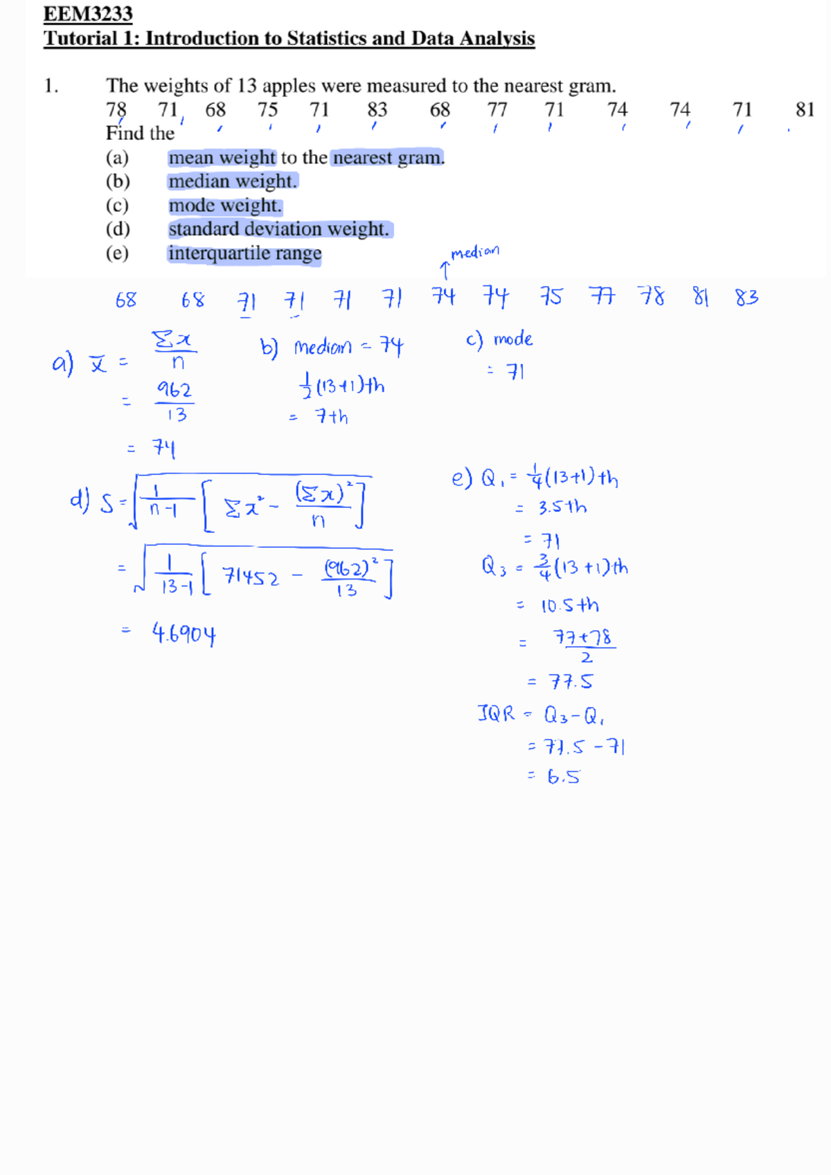 Statistics Tutorial 1 - EEM3233 Tutorial 1: Introduction to Statistics ...