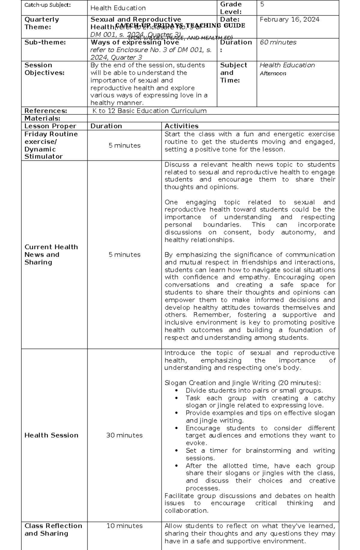Grade 5 -Health ed catch-up plan - CATCH-UP FRIDAYS TEACHING GUIDE (FOR ...