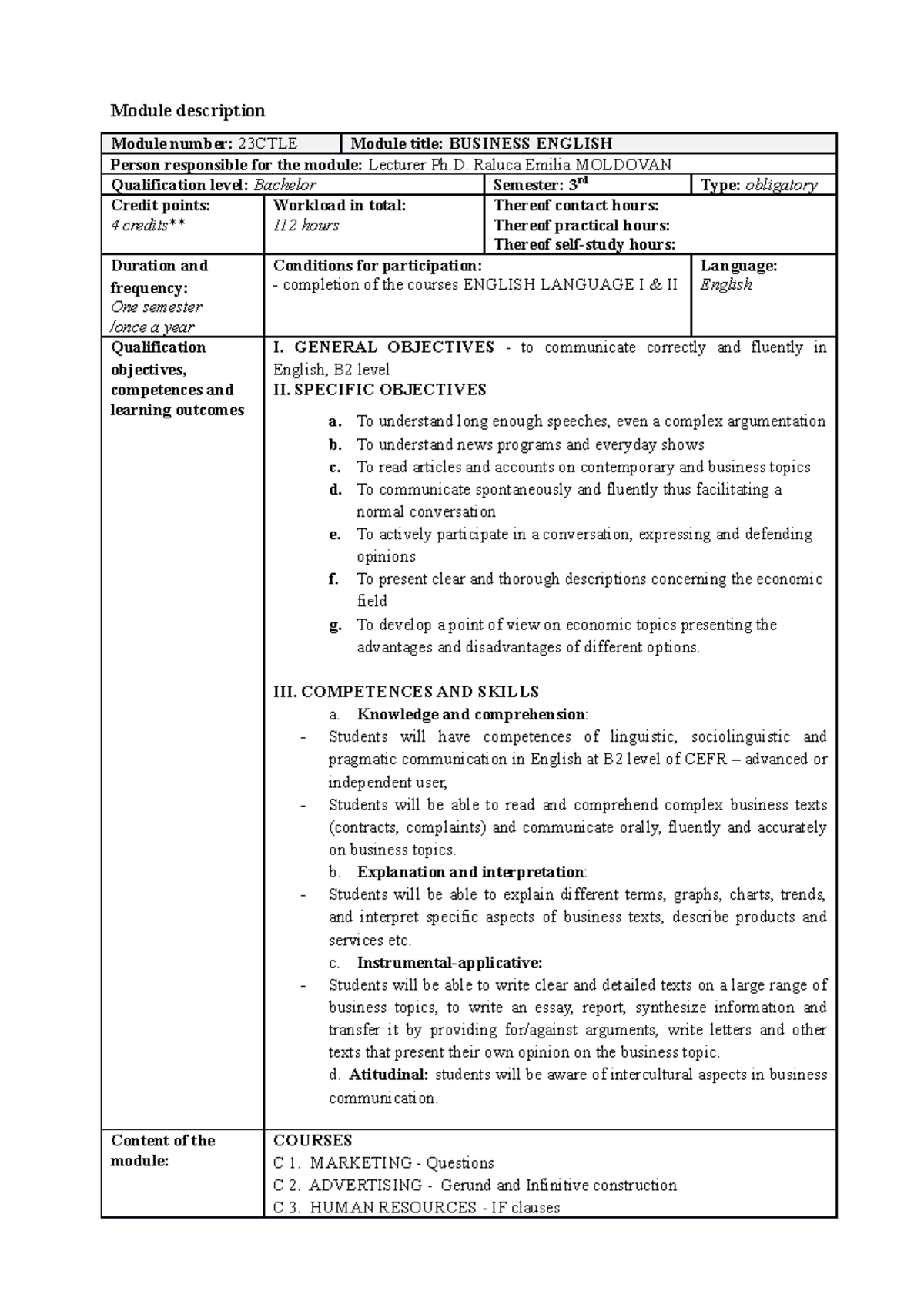 351267021-Business-English - Module description Module number: 23CTLE ...