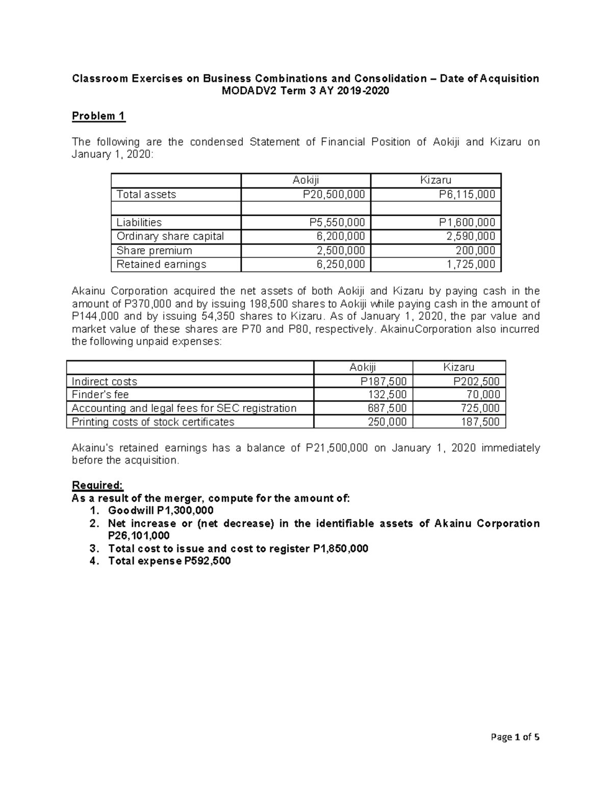 Additional Classroom Exercises on Business Combinations and ...