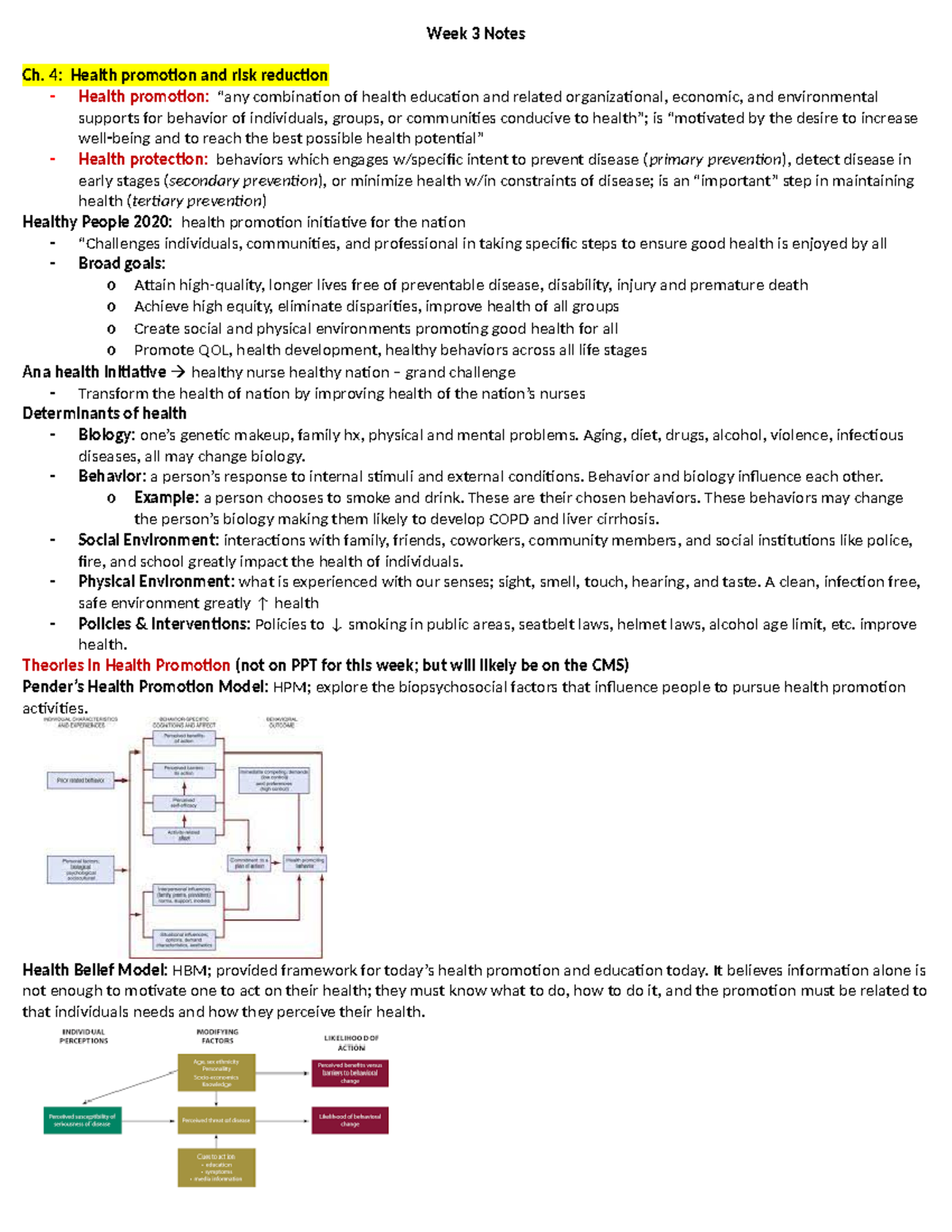 Week 3 Notes 2 - Week 3 Notes Ch. 4: Health promotion and risk ...