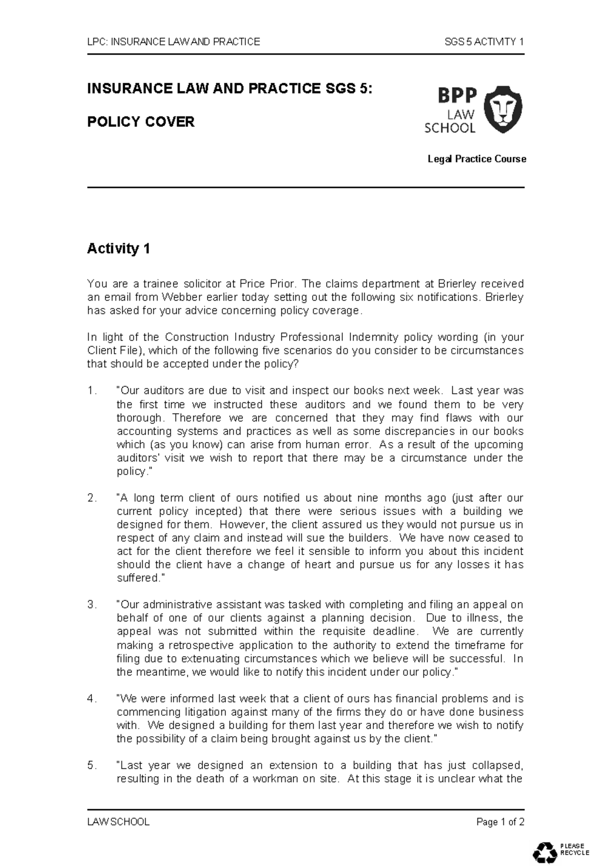 ILAP SGS 05 Activity 1 - LPC: INSURANCE LAW AND PRACTICE SGS 5 ACTIVITY ...