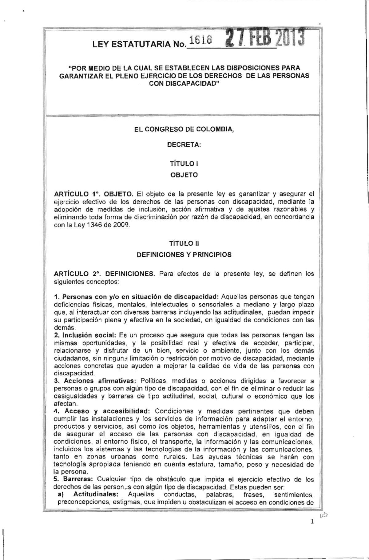 LEY 1618 DEL 27 DE Febrero DE 2013 - LEY ESTATUTARIA No. 1618 _ t 2 I ...