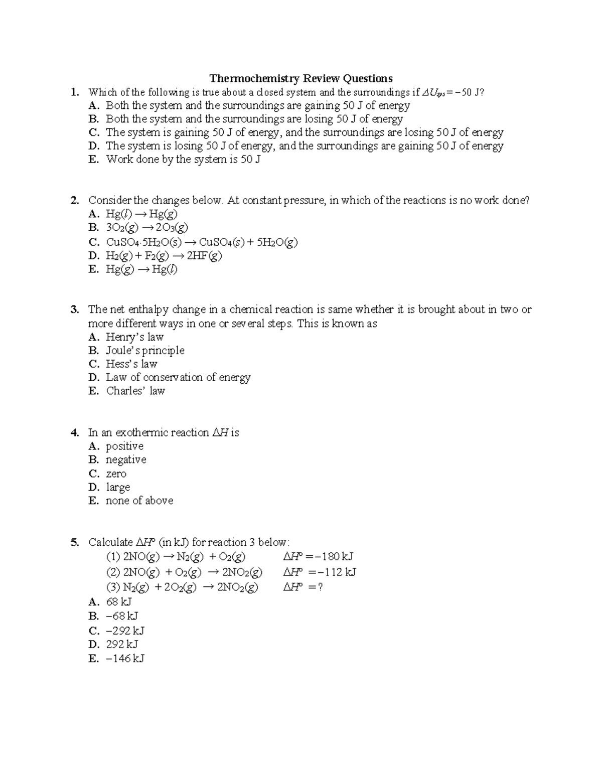 CHE102 Review - Thermochemistry - Thermochemistry Review Questions ...