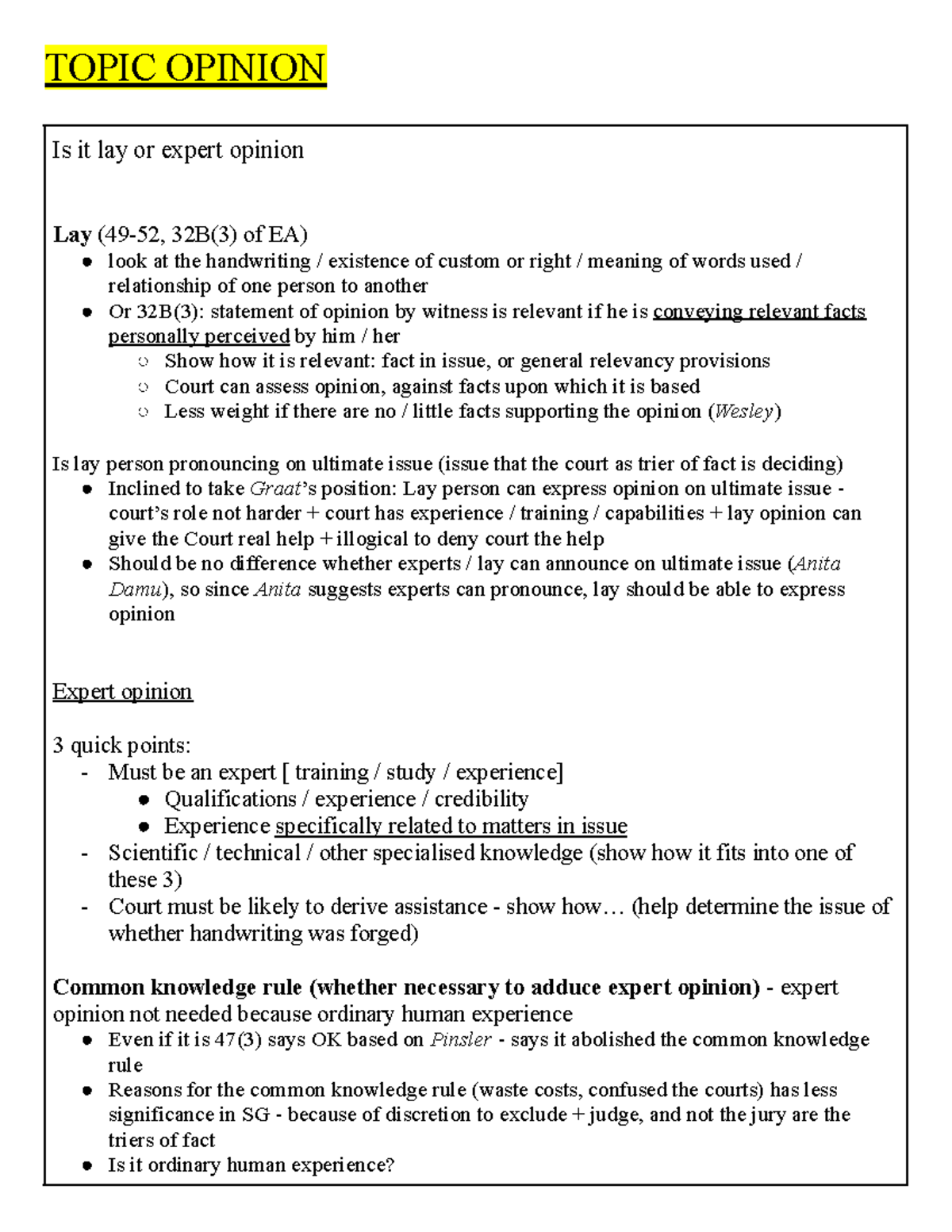 Opinion short - Evidence - TOPIC OPINION Is it lay or expert opinion ...