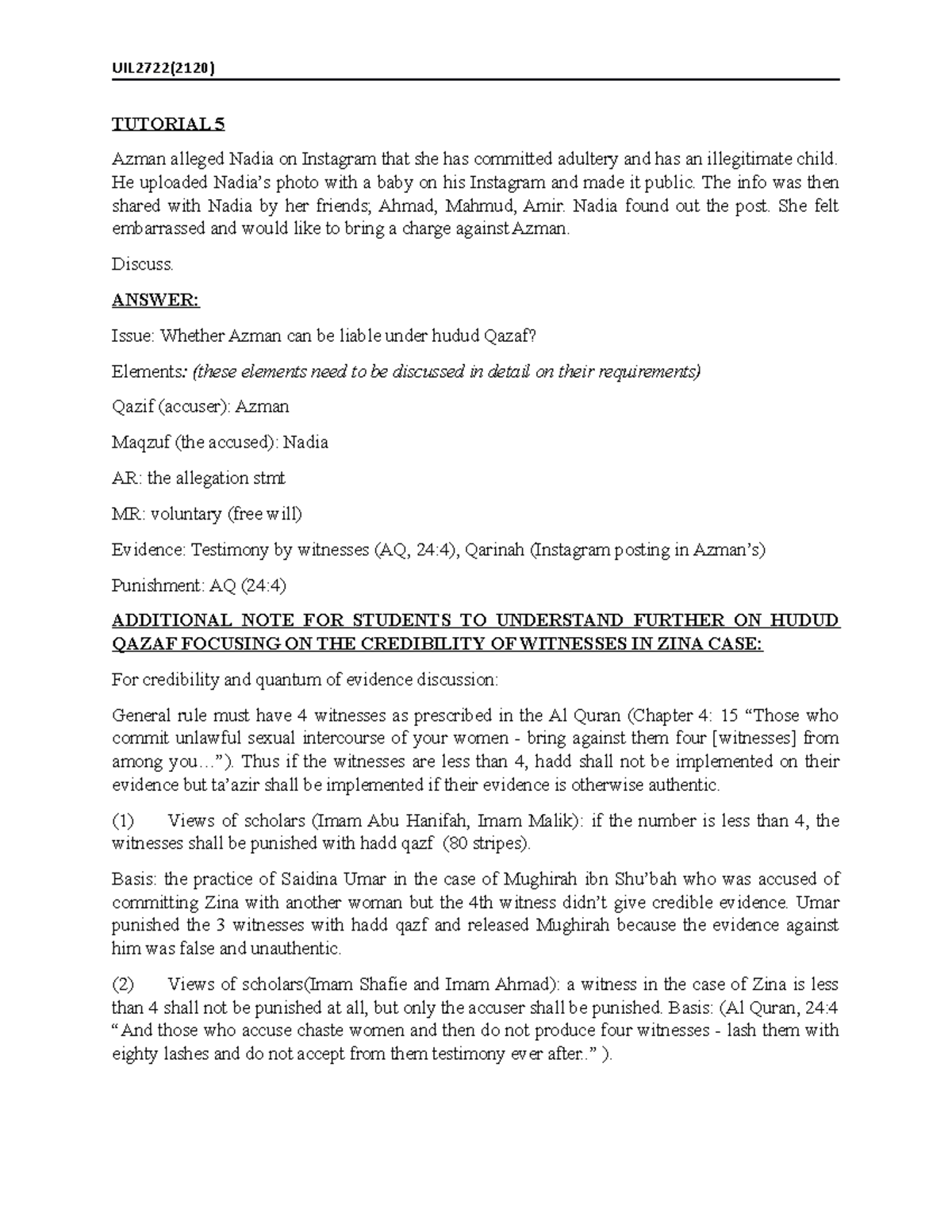 Tutorial 5 answer tut - UIL2722(2120) TUTORIAL 5 Azman alleged Nadia on ...