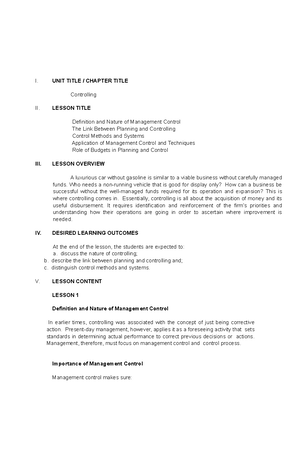 Org Management Module 2 - I. UNIT TITLE / CHAPTER TITLE Leading II. LESSON TITLE What Leading Is ...