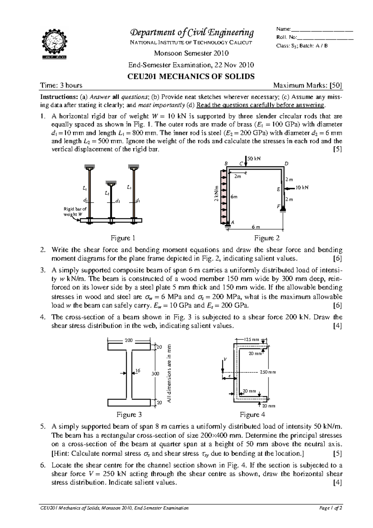 sample Exam questions - CEU201 Mechanics of Solids, Monsoon 2010, End ...