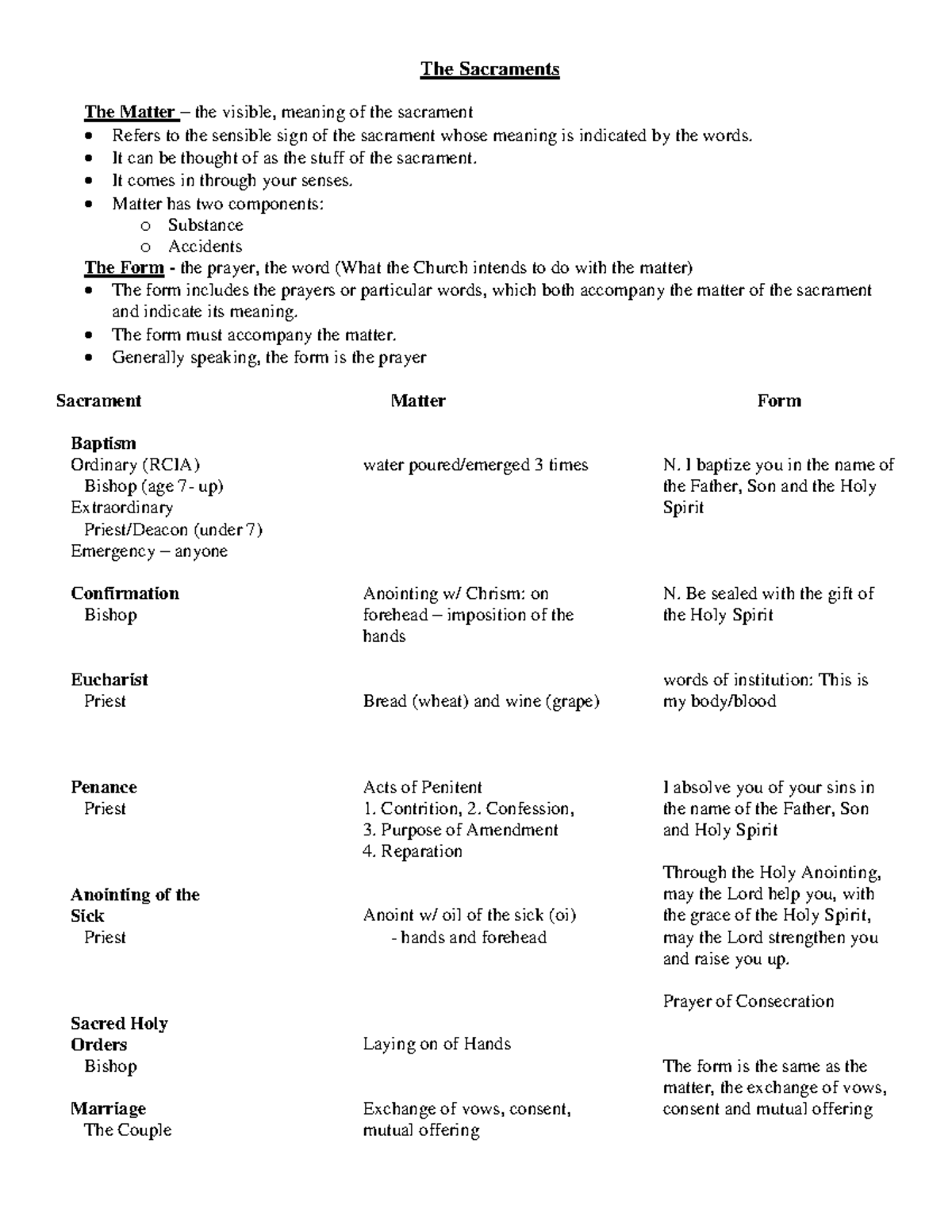 7 Sacraments RE Reviewer - The Sacraments The Matter – the visible ...