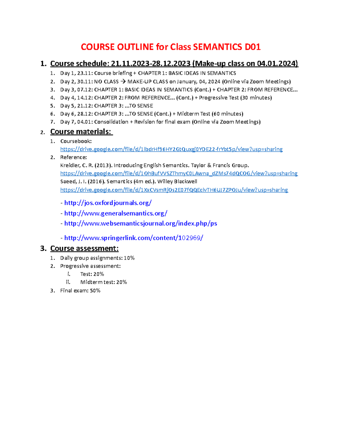 Course Outline for Class Semantics 2023 - COURSE OUTLINE for Class SEMANTICS D 1. Course ...