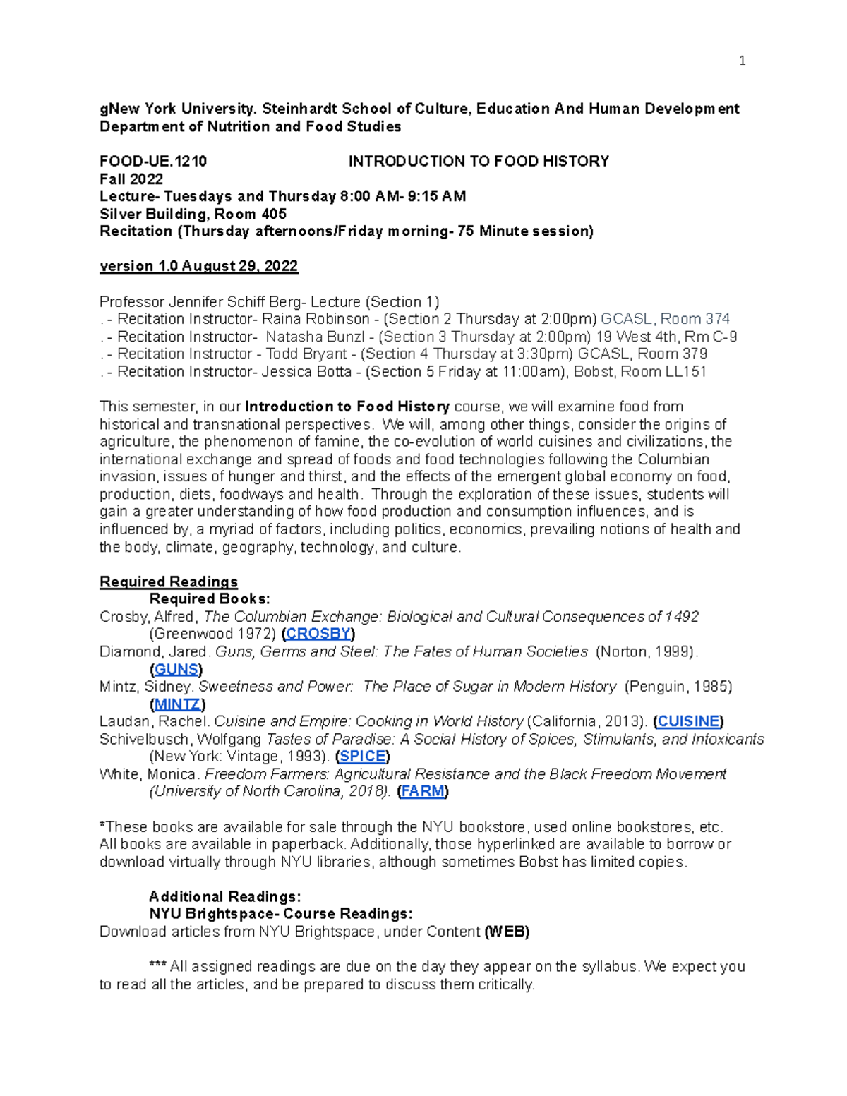 Intro to Food Hist Syllabus Fall 2022 - 1 gNew York University ...
