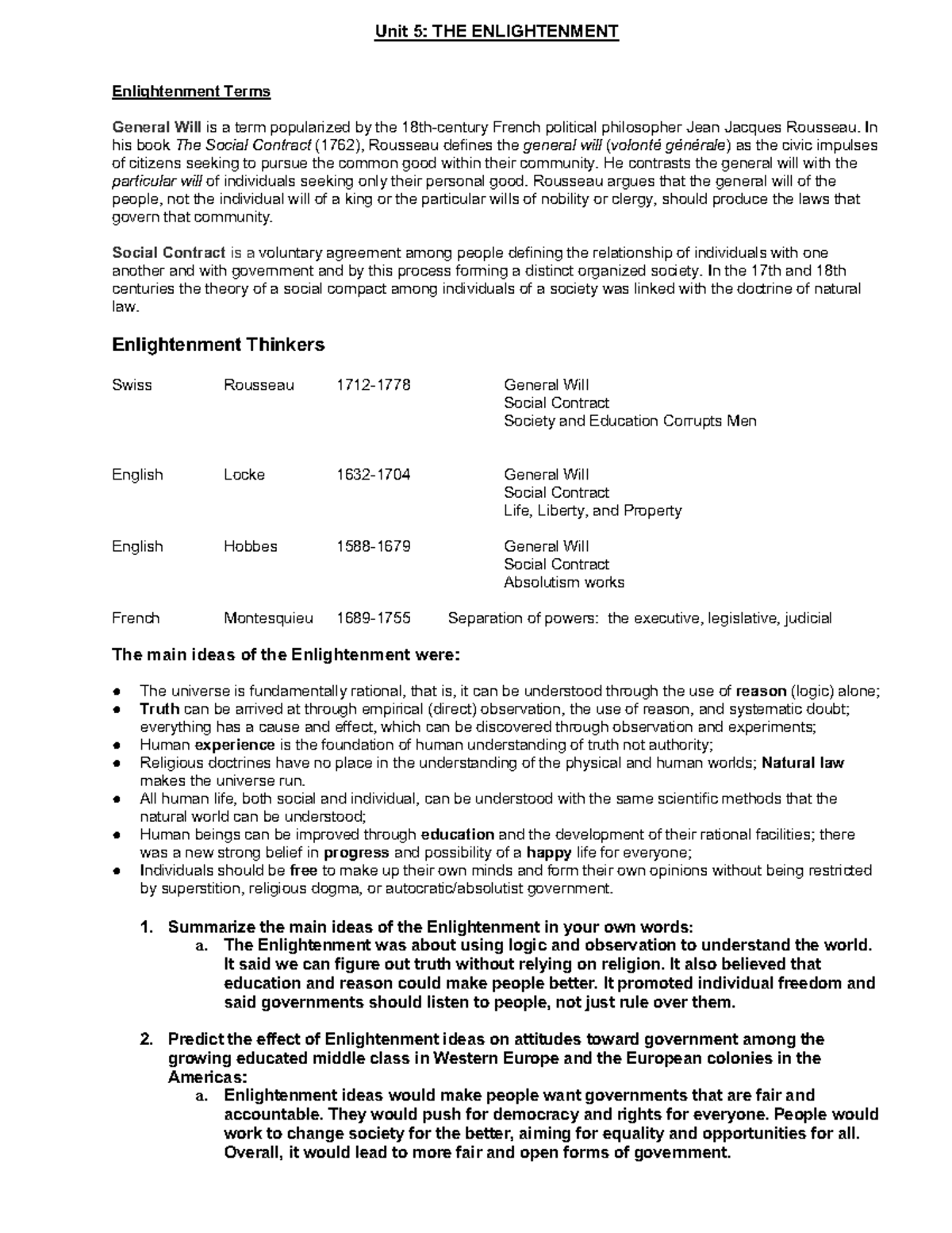 Unit 5 - Enlightenment Ideas - Unit 5: THE ENLIGHTENMENT Enlightenment ...