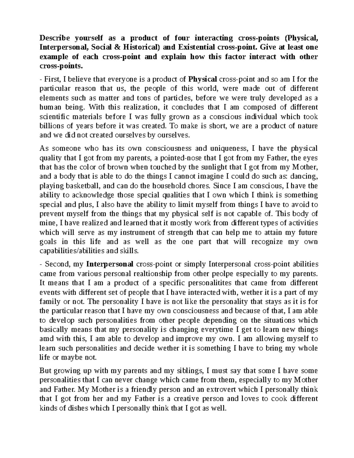 ETHICS FINALS (CORDOVA-ESSAY) - Describe yourself as a product of four ...