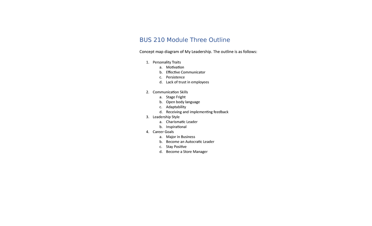 Leadership Map - BUS 210 Module Three Outline Concept map diagram of My ...